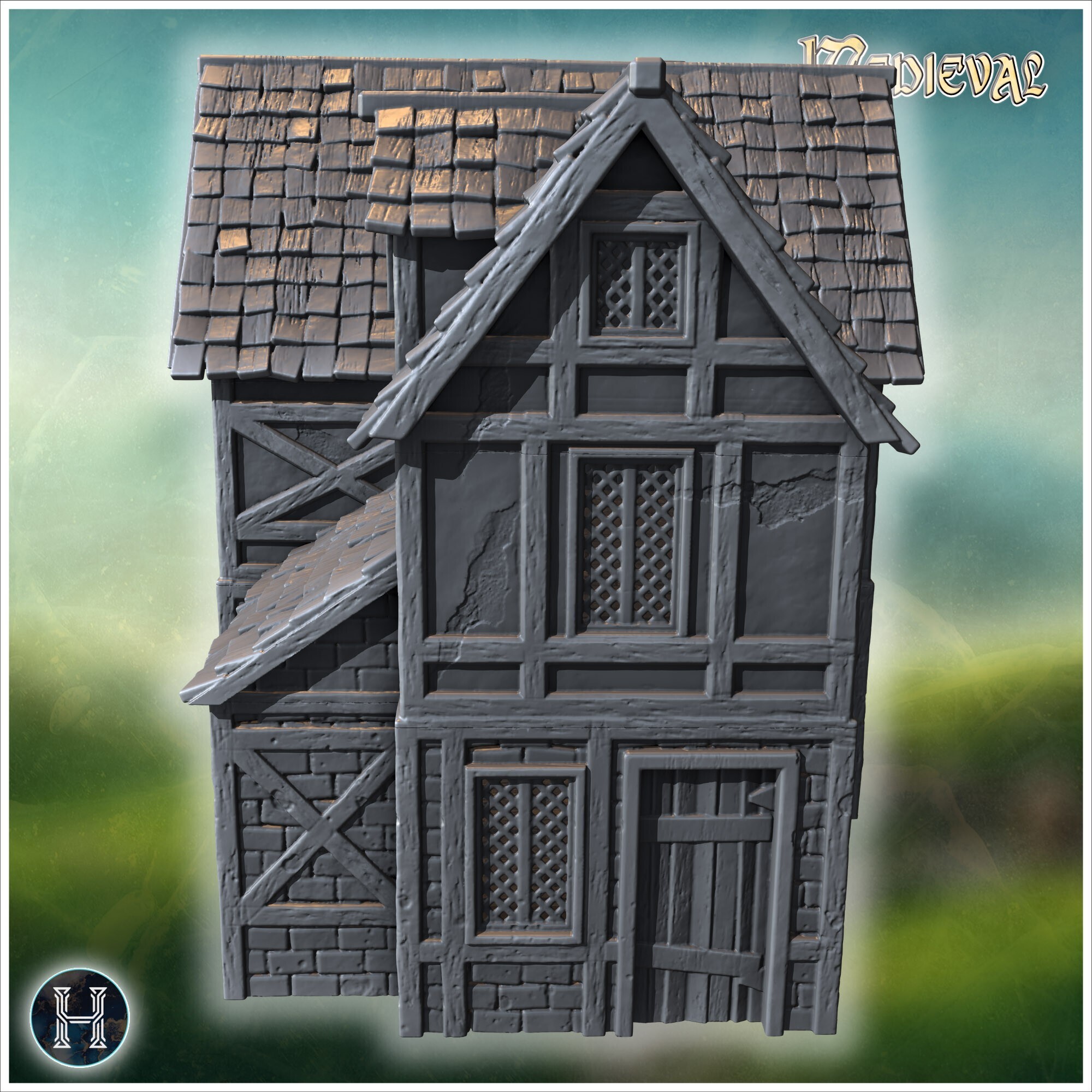 🏗️ Medieval building with large double-pitched roof, timber framing ...