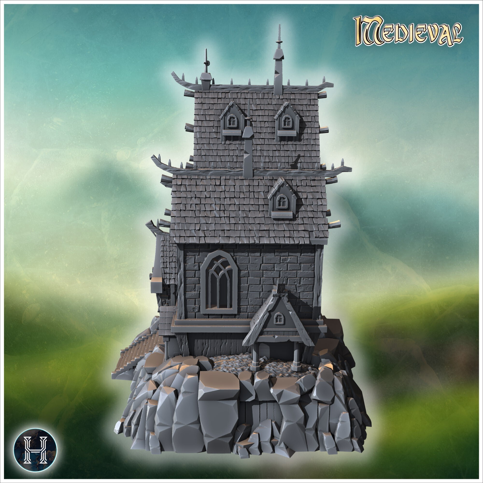 🏠 Gothic house with spiked roofs, tall windows, and intricate ...