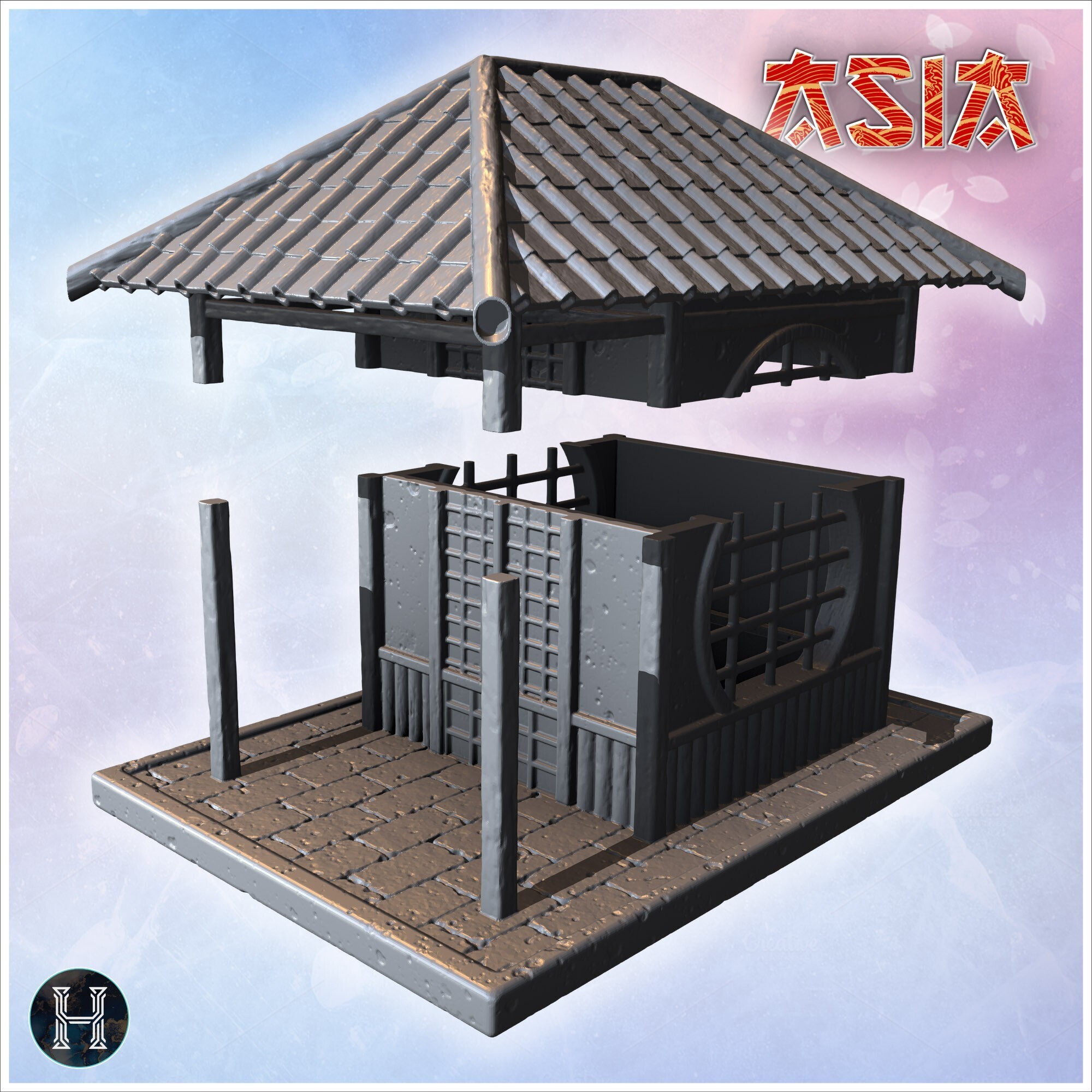 🤏 Small Asian-style pavilion with tiled roof, round window, sliding ...
