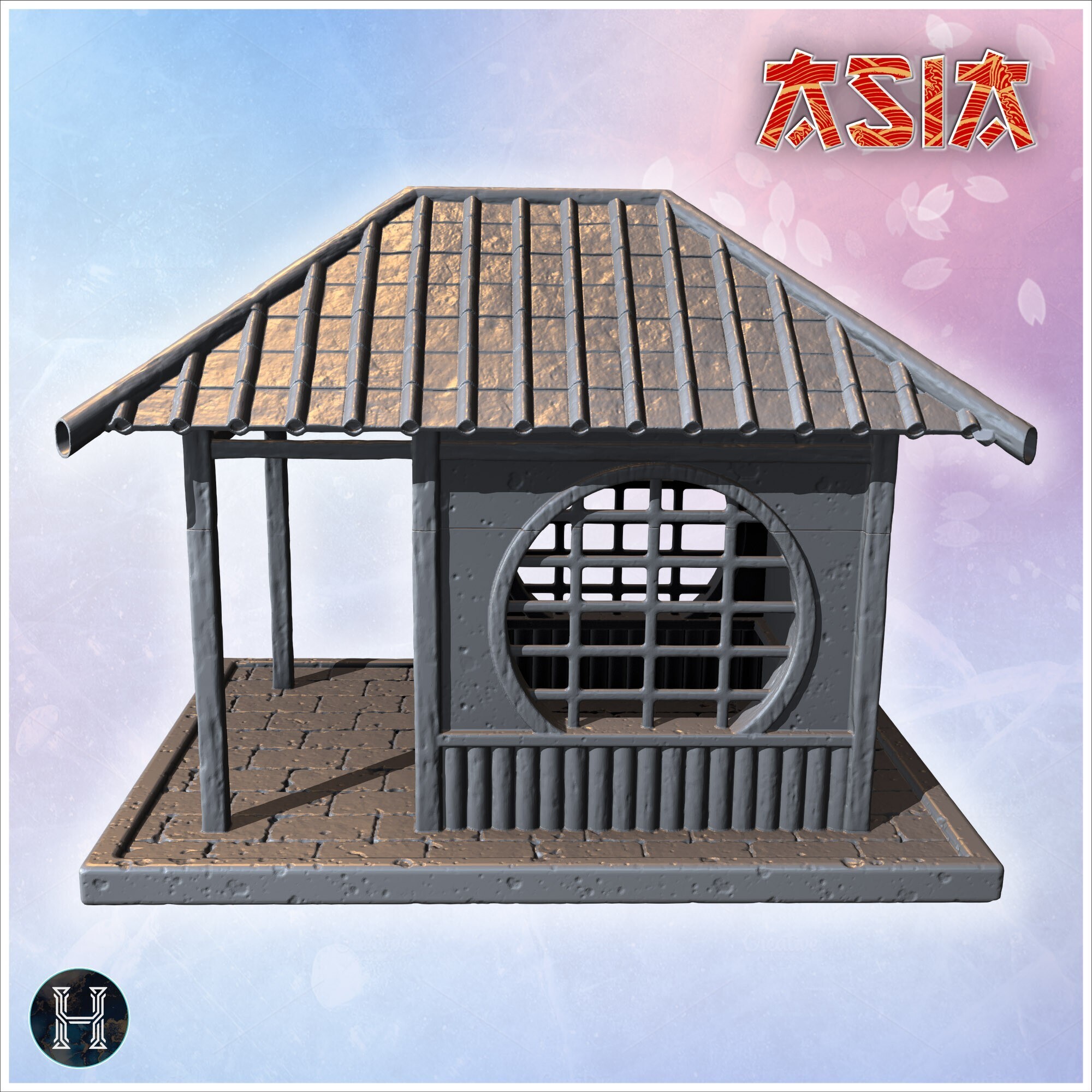 🤏 Small Asian-style pavilion with tiled roof, round window, sliding ...
