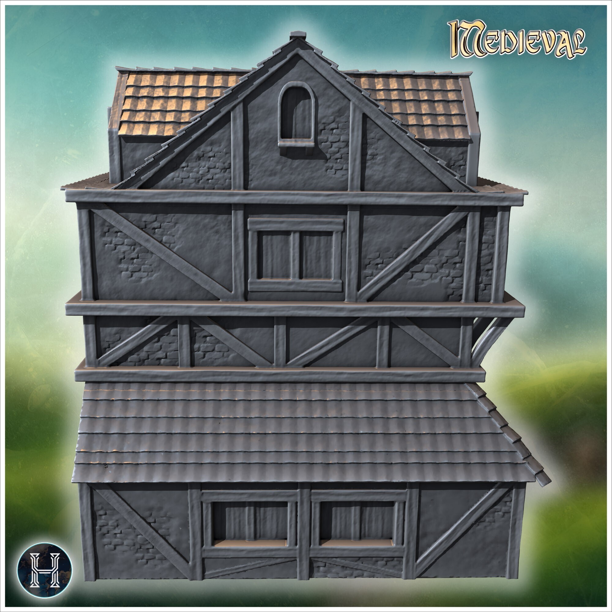 🏠 Tall medieval house with timber framing, overhanging upper floor ...