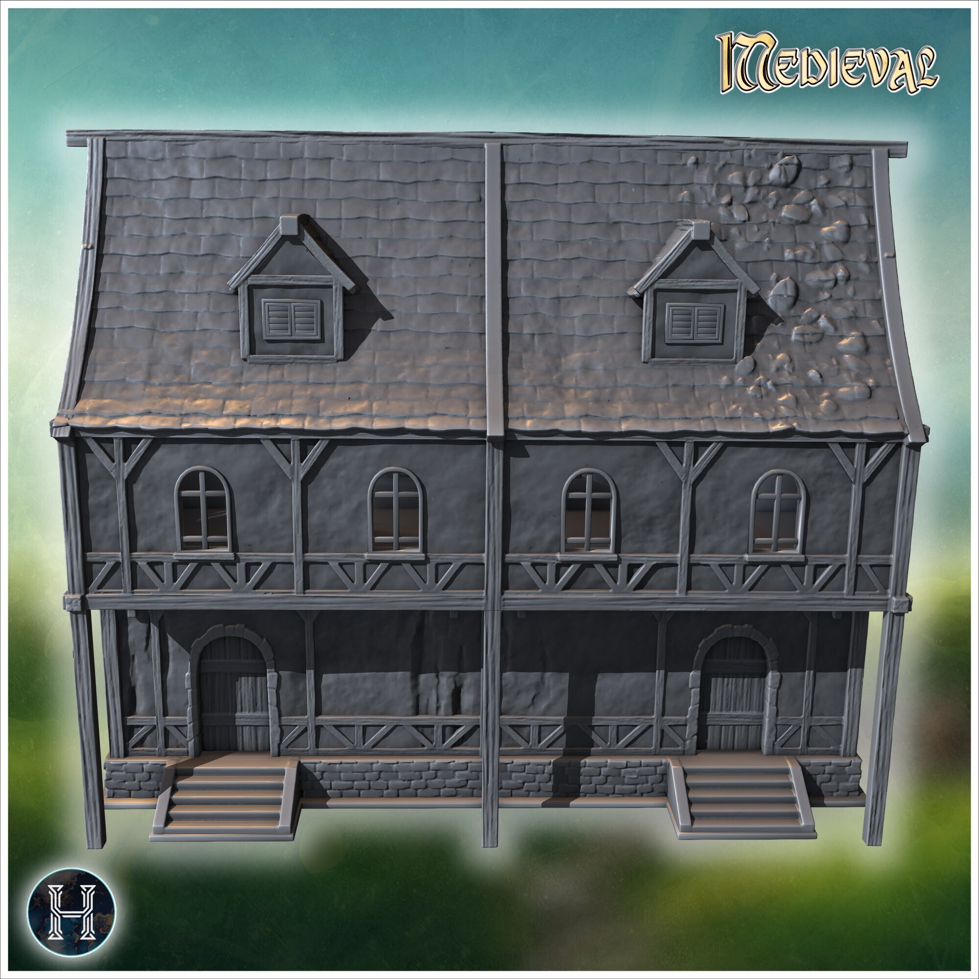 🪵 Long twin-building with steep curved roof, dormer windows, stairs and ...