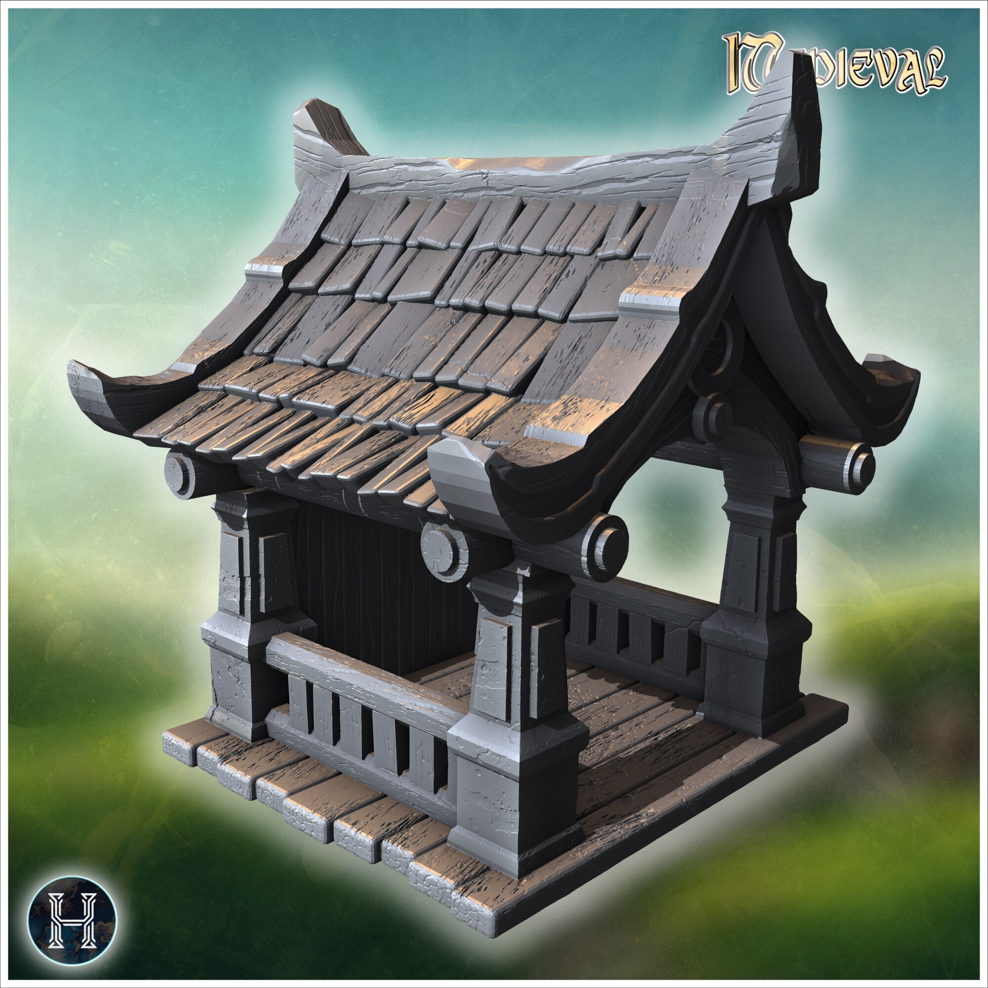 🤏 Small wooden shrine with curved tiled roof, decorative beams, and ...