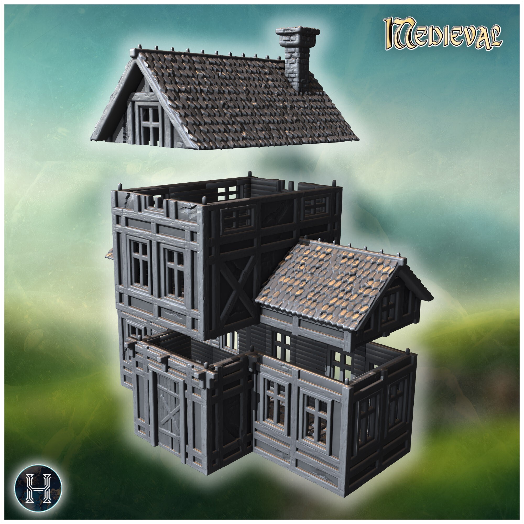 🏠 Narrow half-timbered house with adjoining side extension, wooden ...