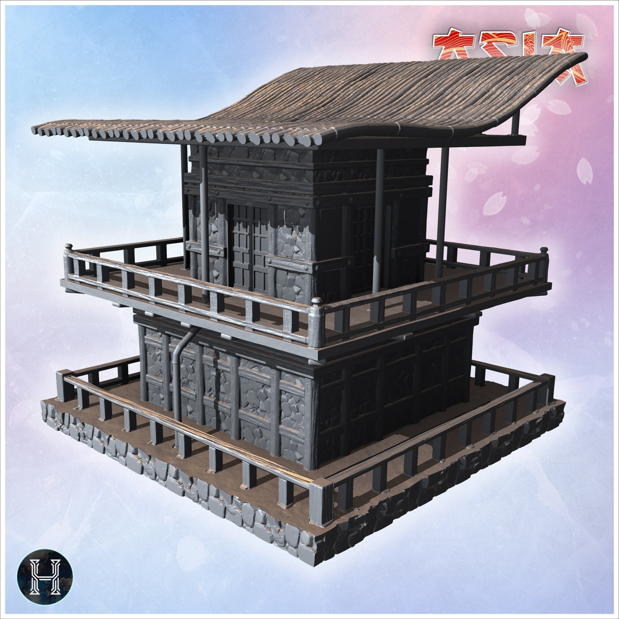🪵 Two-story Asian-style watchtower with balconies, curved roof, stone ...