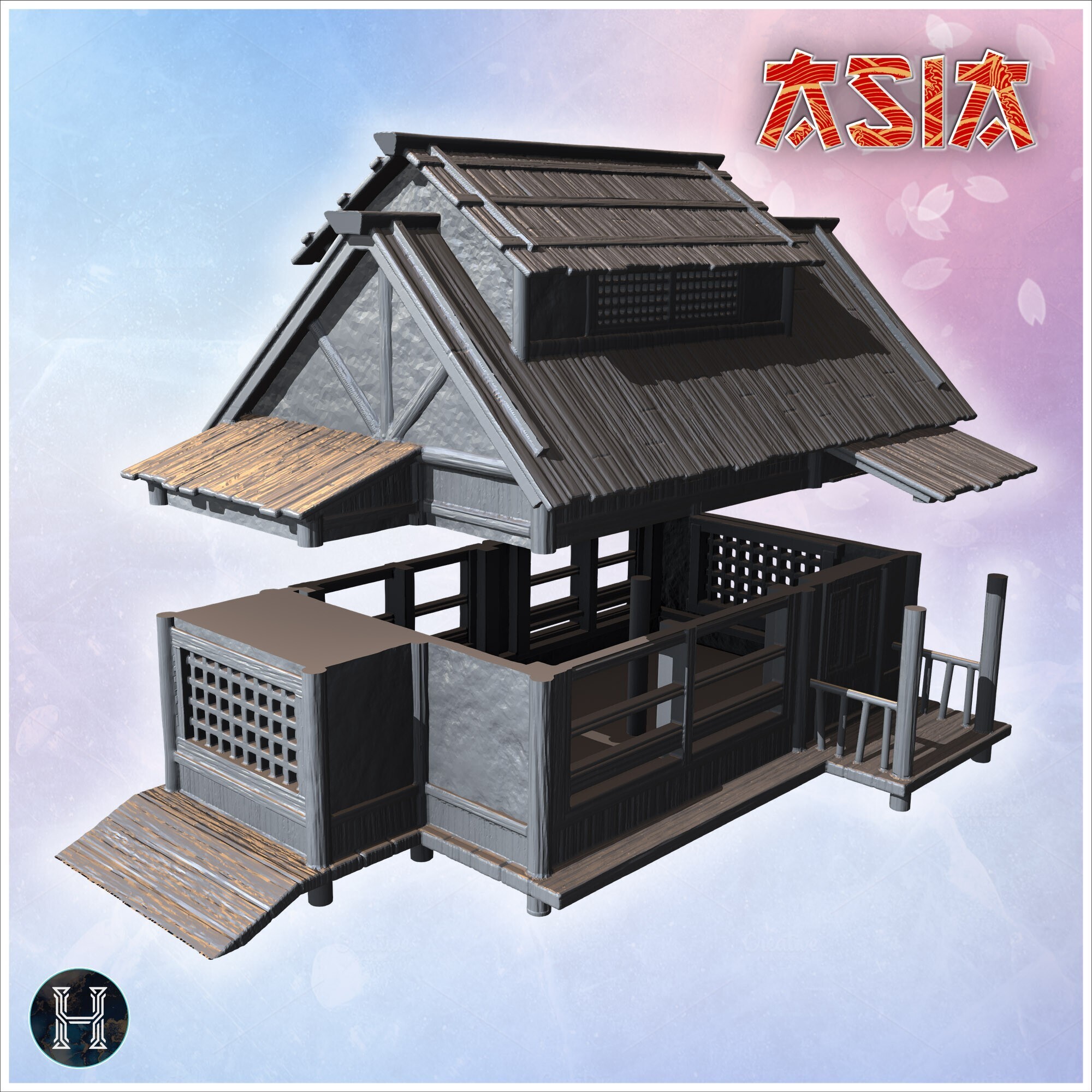 🤏 Small rustic Japanese house with wooden porch, pillars, open windows ...