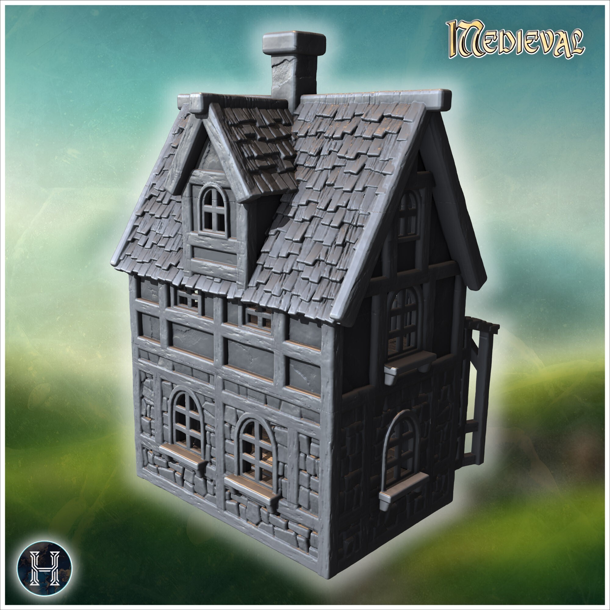 🏠 Narrow three-story medieval house with steep roof, timber framing ...