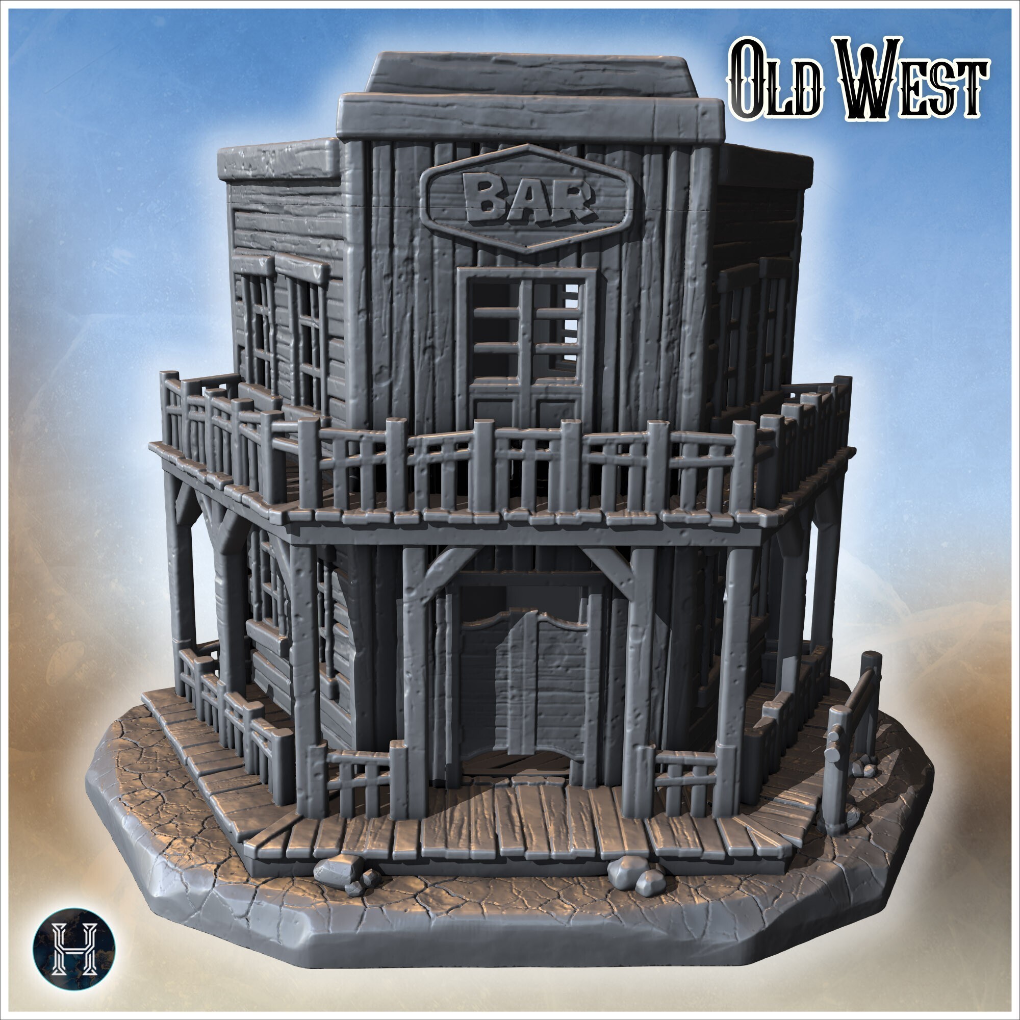 👴 Old saloon building Bar with front porch, balcony, windows and wooden ...