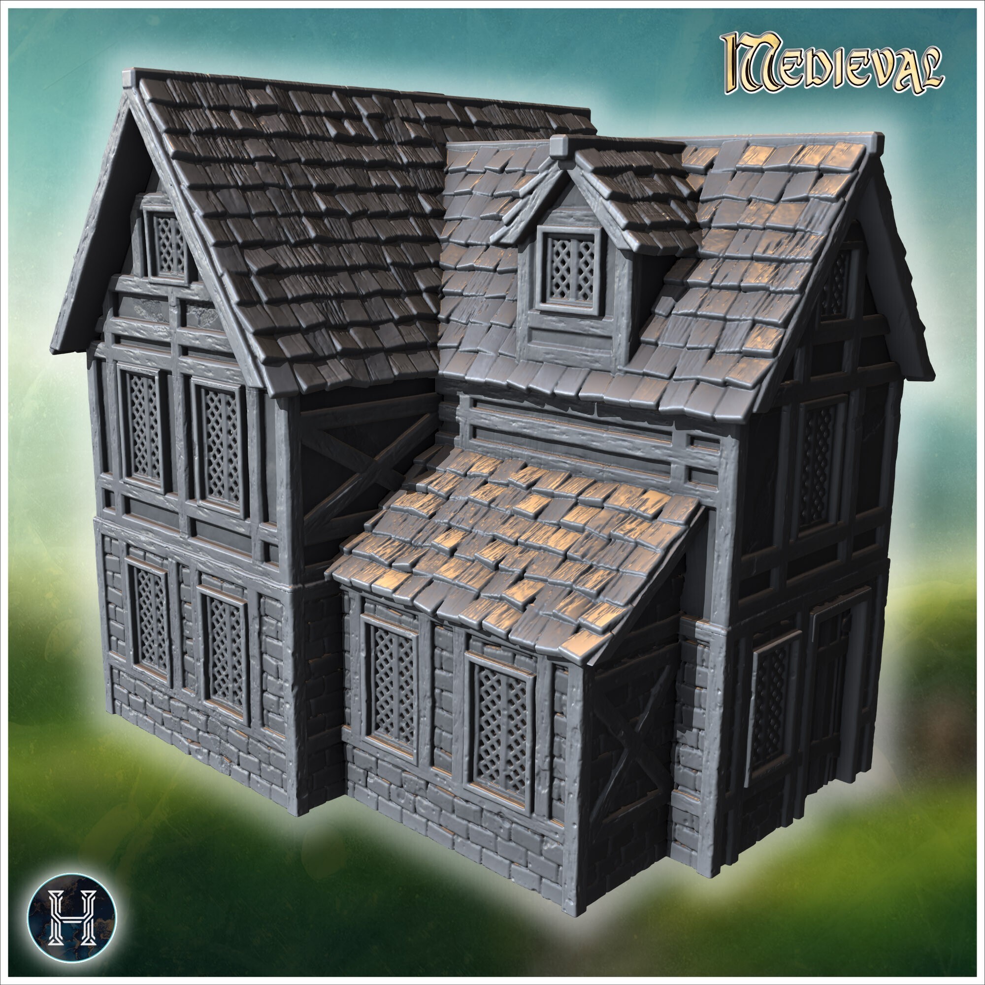 🏗️ Medieval building with large double-pitched roof, timber framing ...