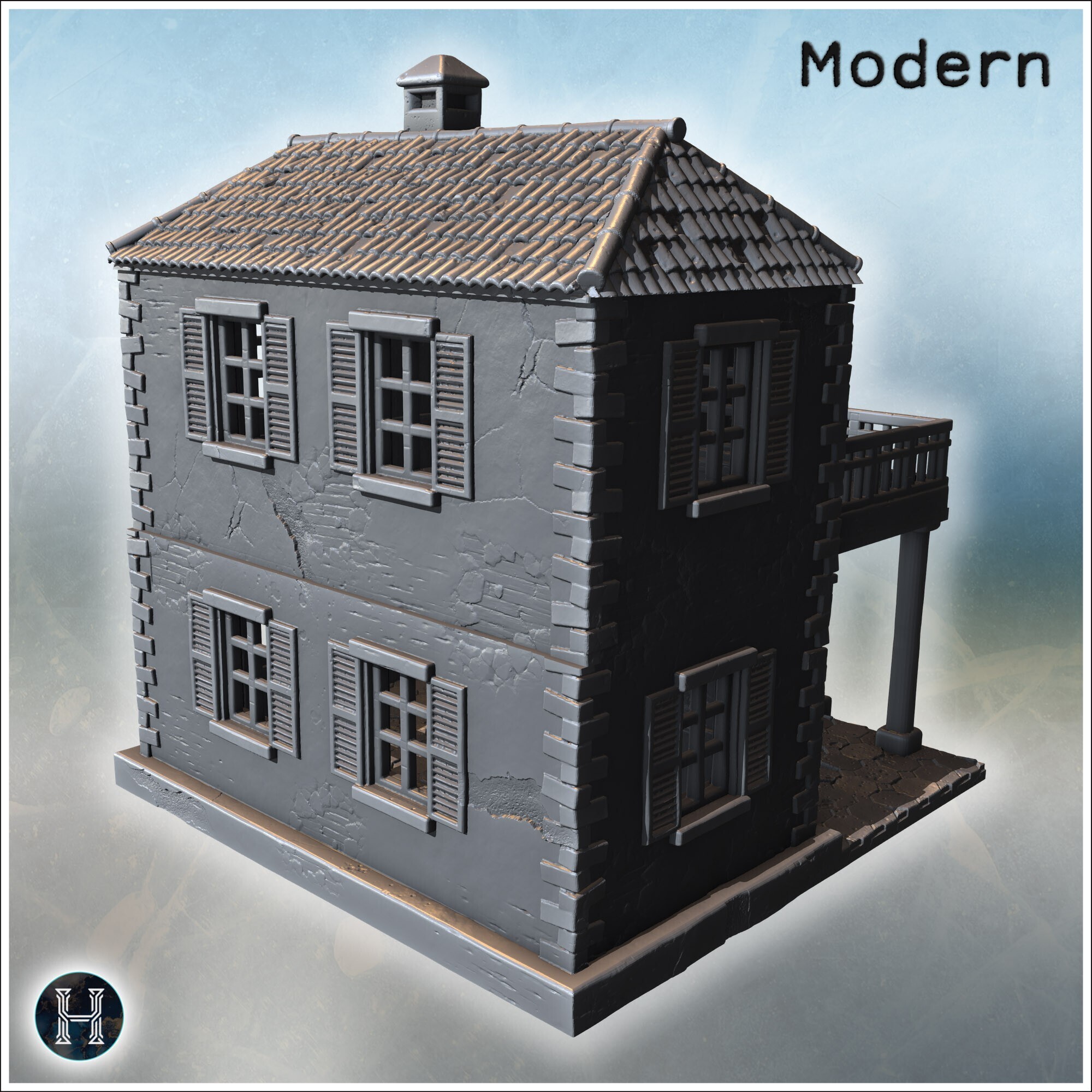 🏠 Two-story stone house with tile roof, upper balcony, and symmetrical ...