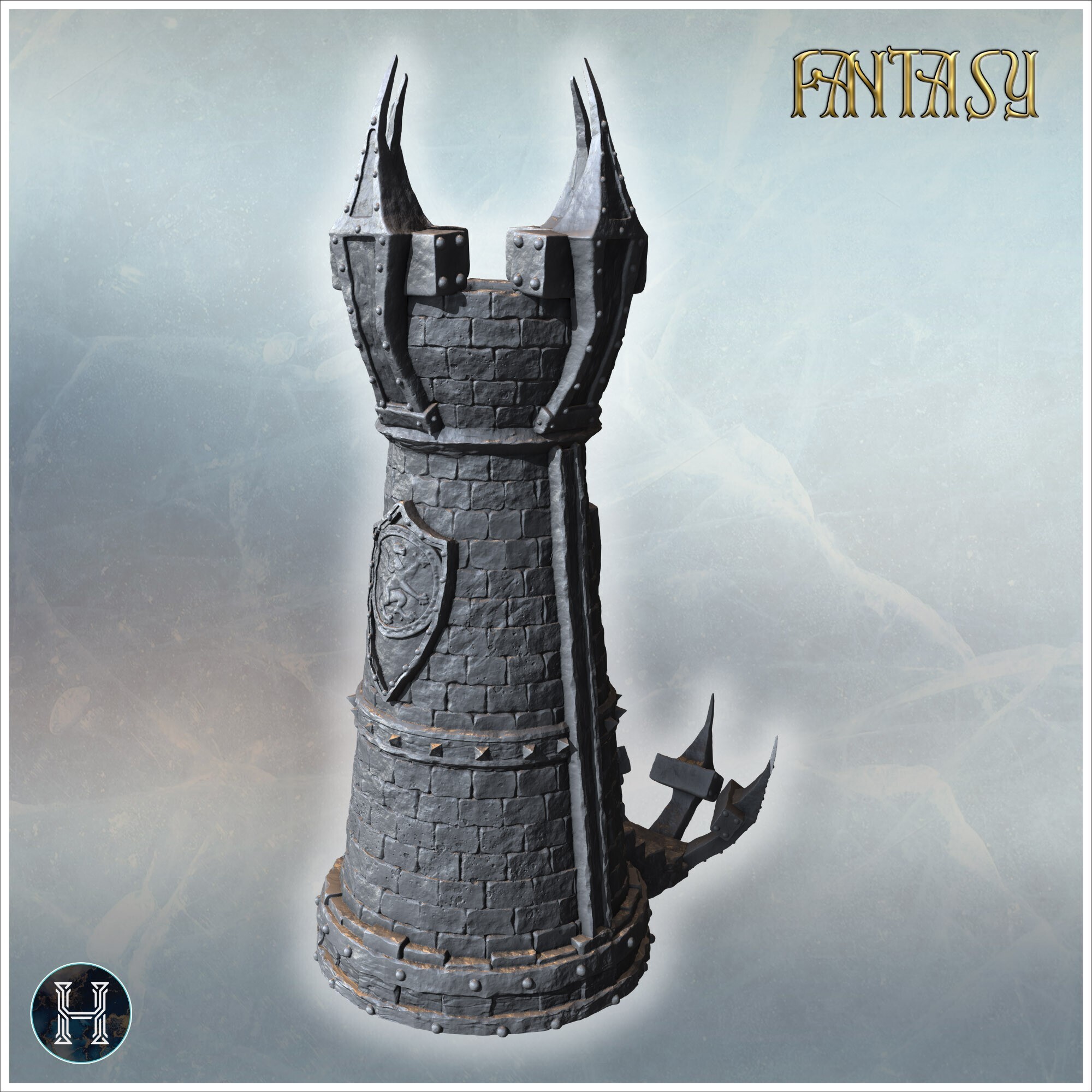 🛡️ Gothic stone tower with spiked battlements, engraved shield, and ...