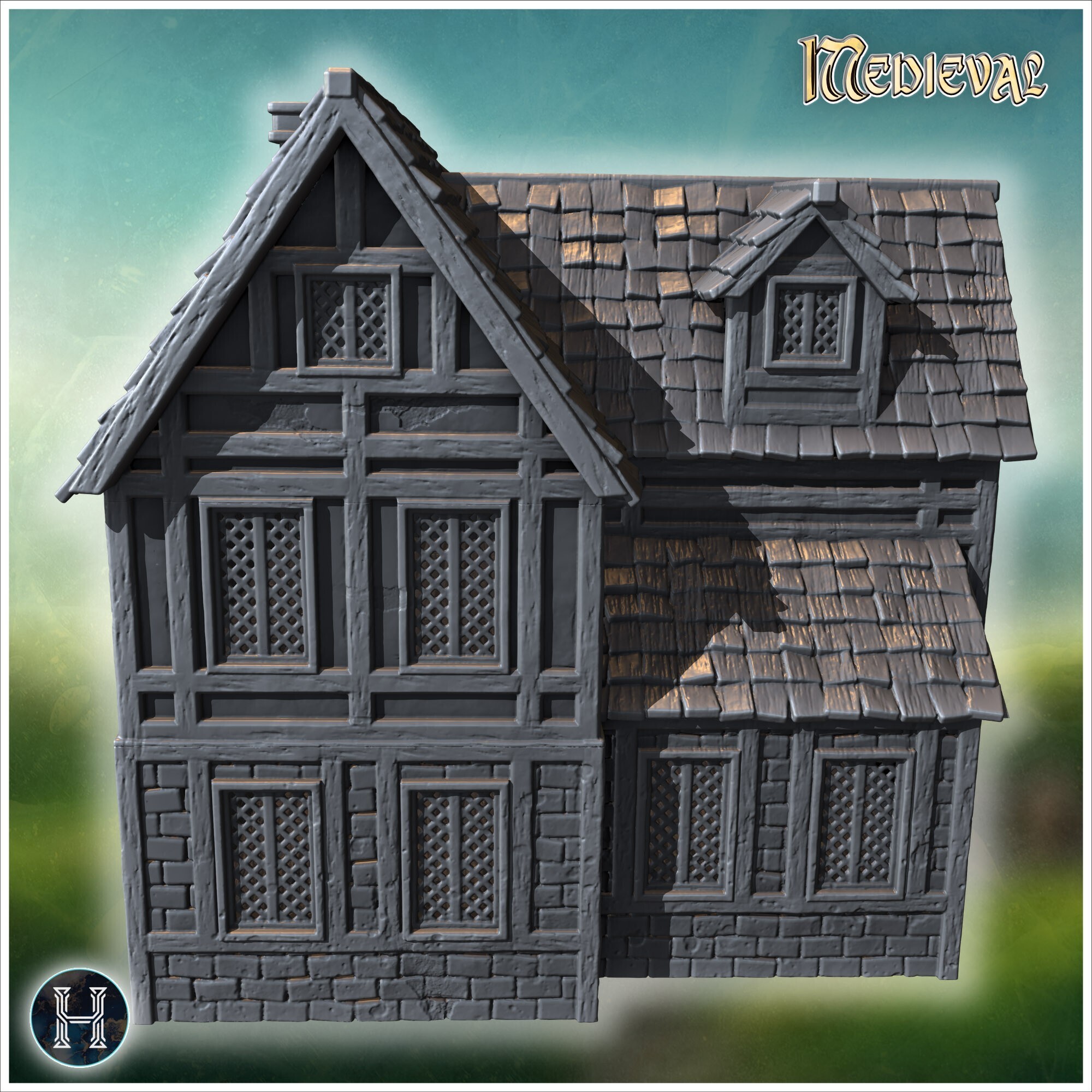 🏗️ Medieval building with large double-pitched roof, timber framing ...