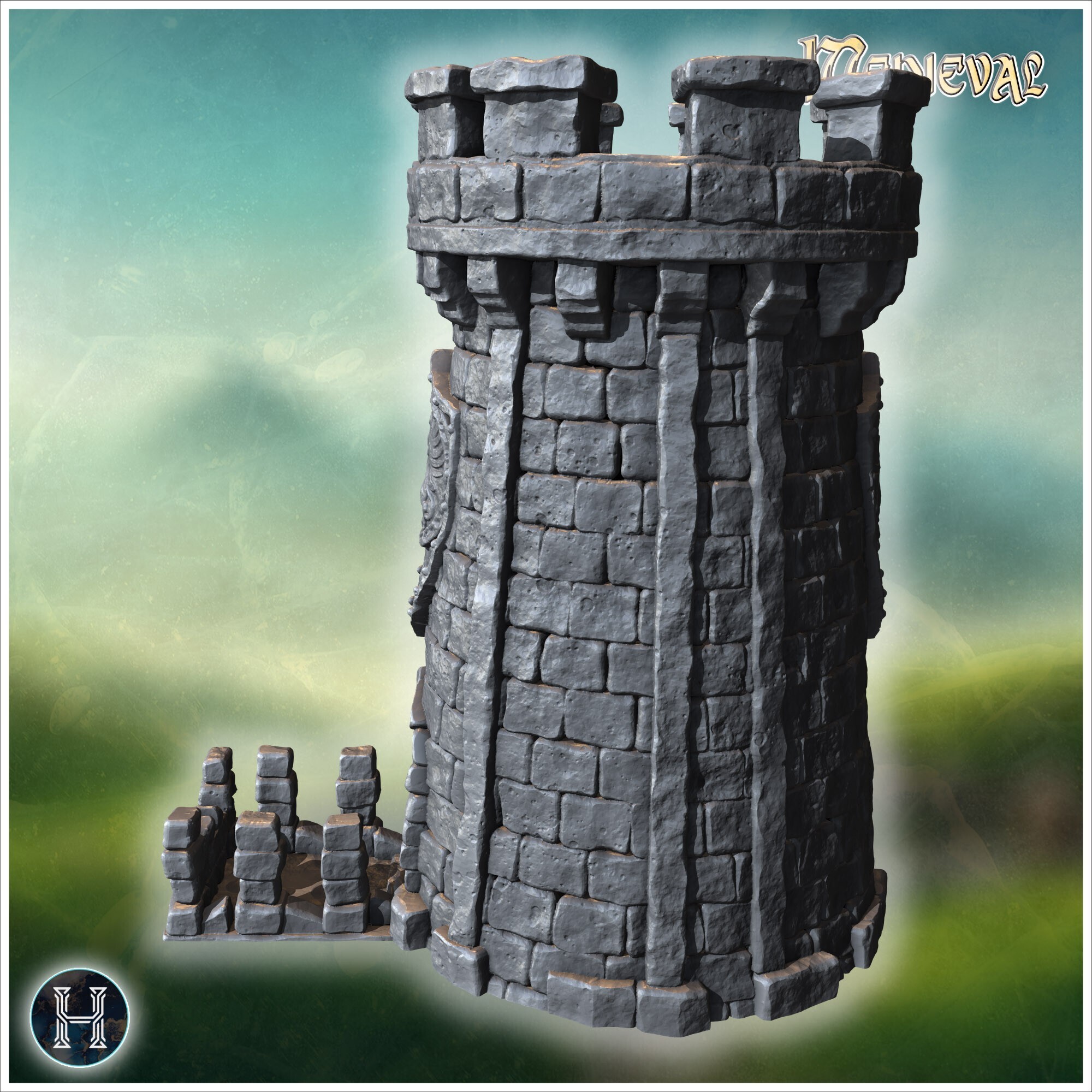 🛡️ Medieval round tower with crenelated walls, arched entrance, and ...
