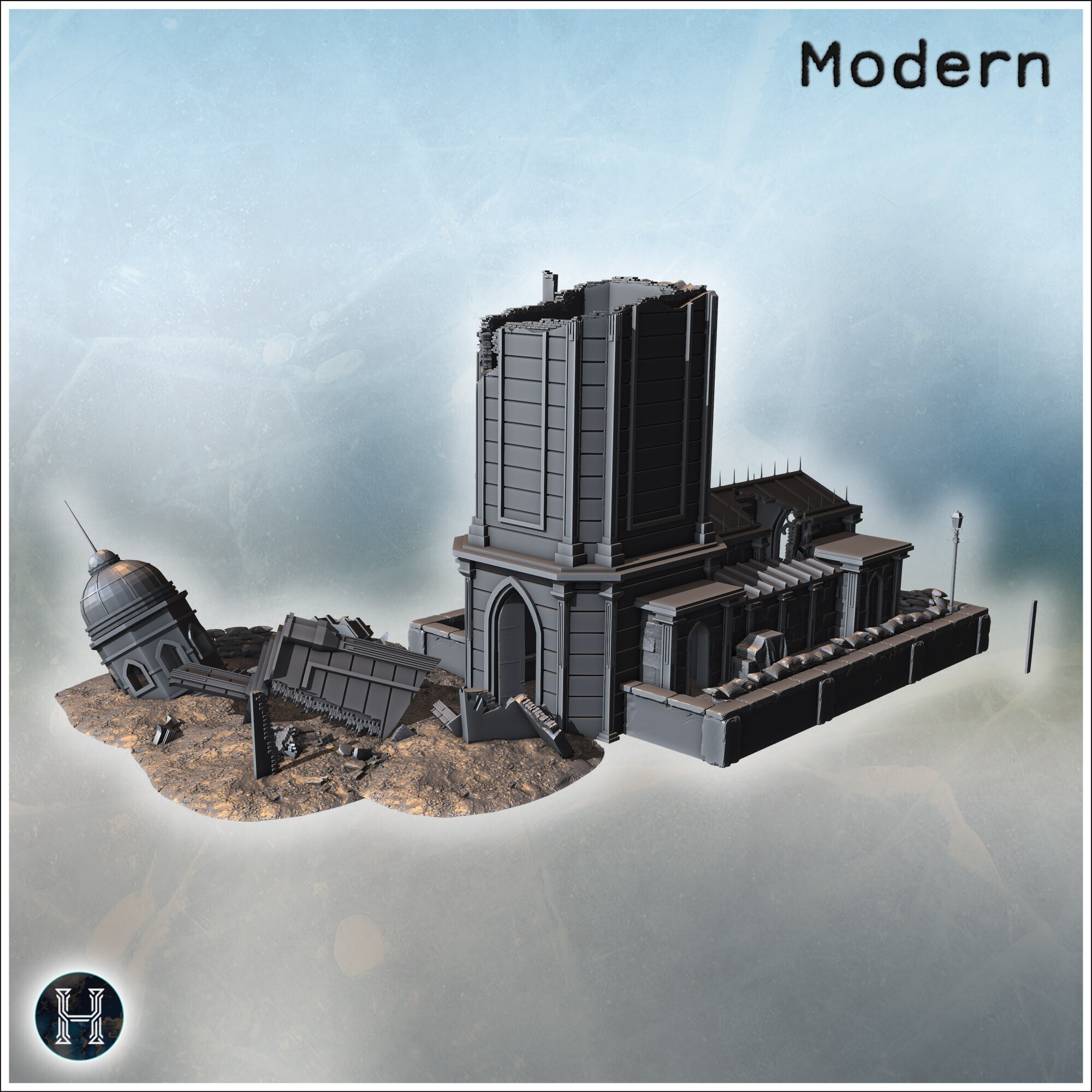 🏗️ Large government building with damaged tower, fallen dome structure ...