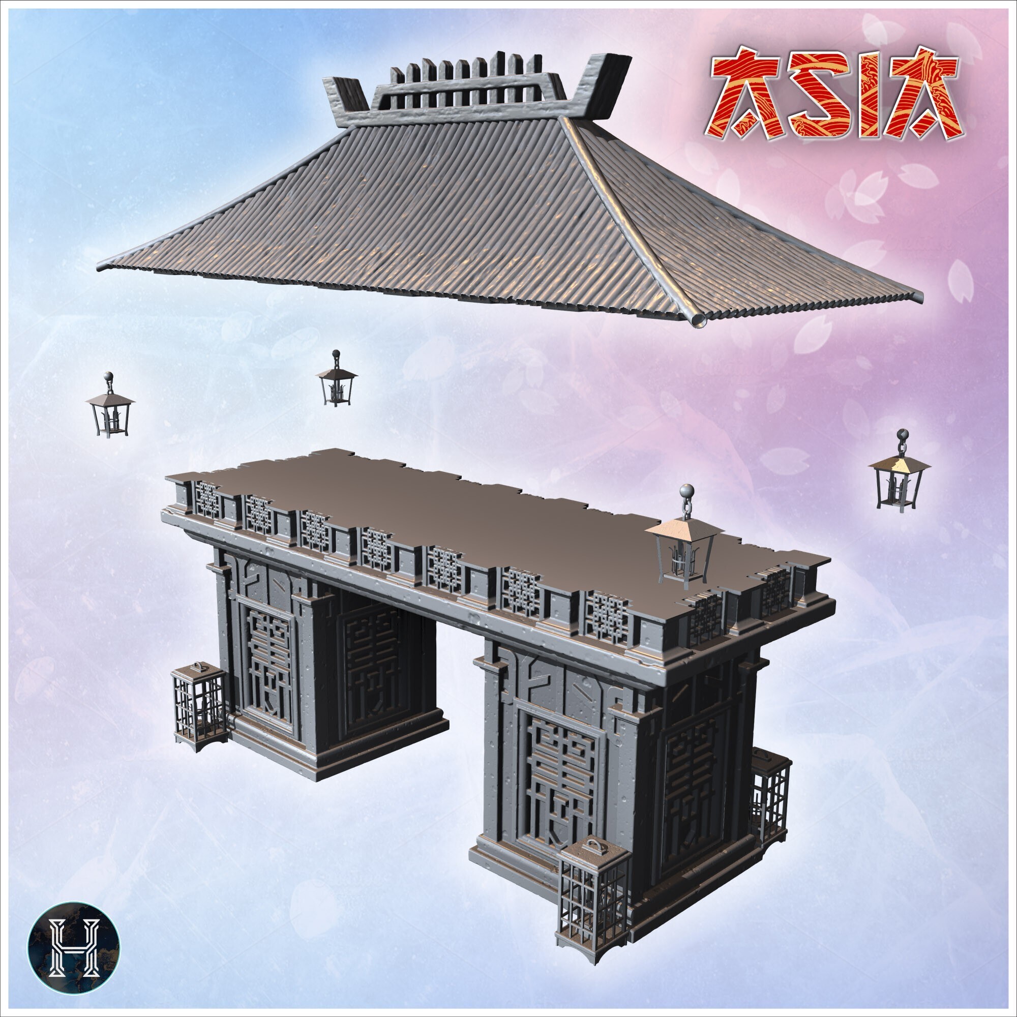 🥷 Ornate Asian gate structure with intricate panel designs, hanging ...