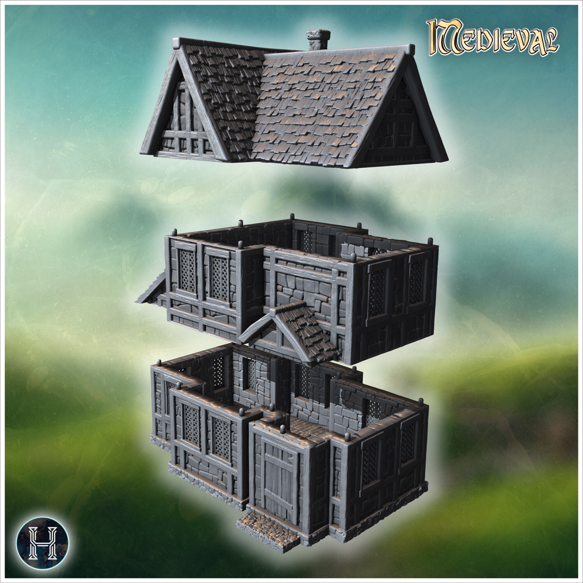 👴 Tall medieval home with high-pitched roof, latticed windows, stone ...