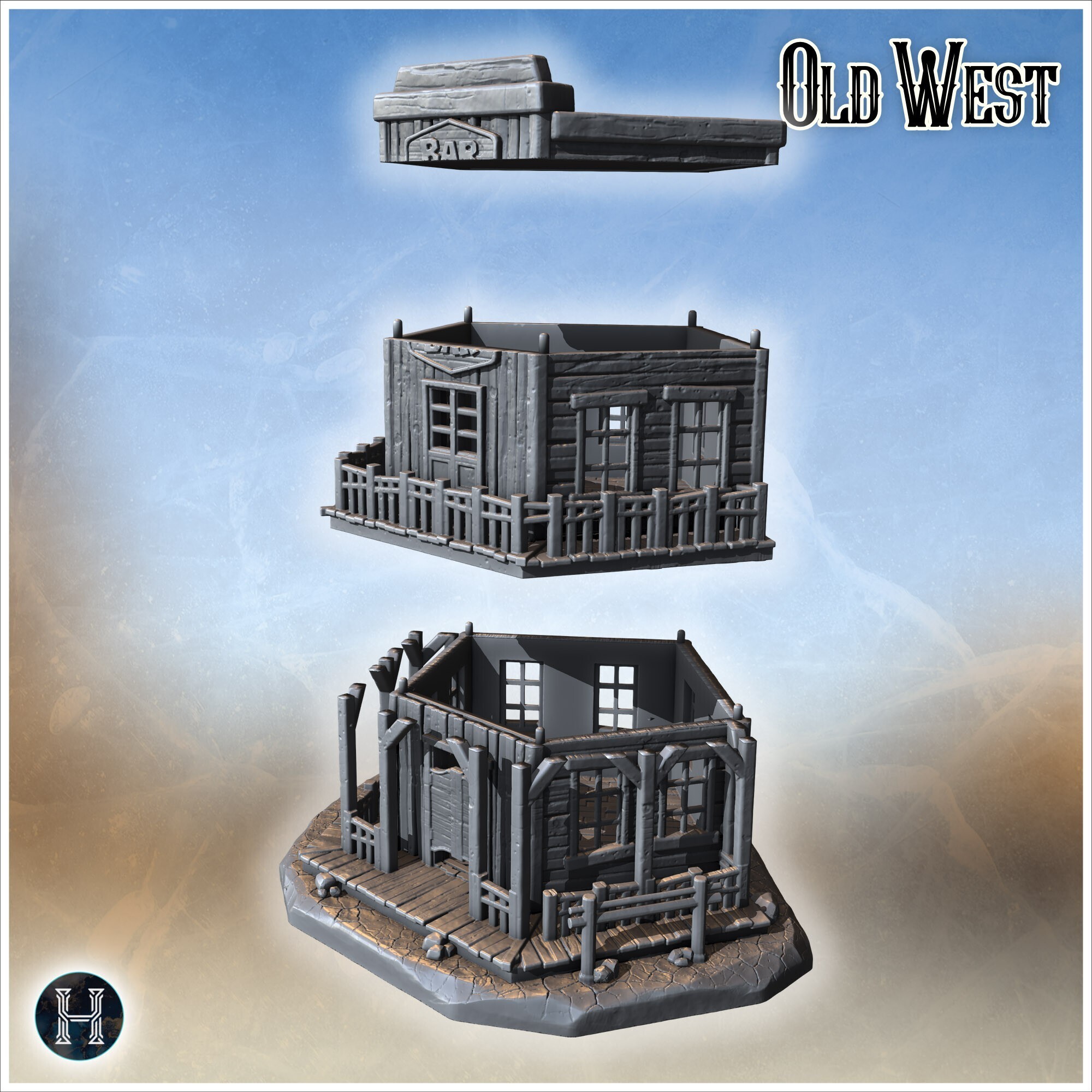 👴 Old saloon building Bar with front porch, balcony, windows and wooden ...