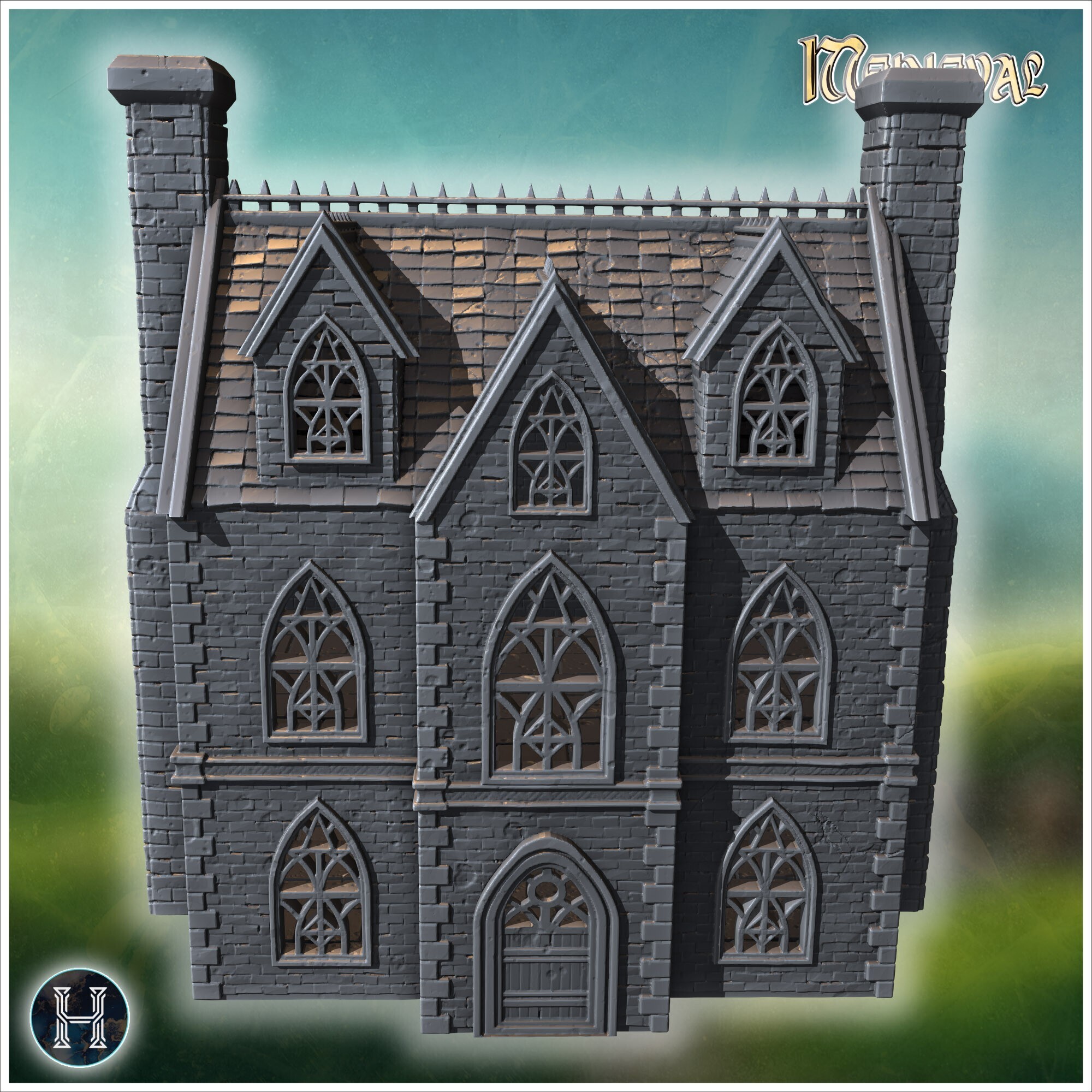 🏠 Large gothic house with twin chimneys and decorative roof railing (25 ...