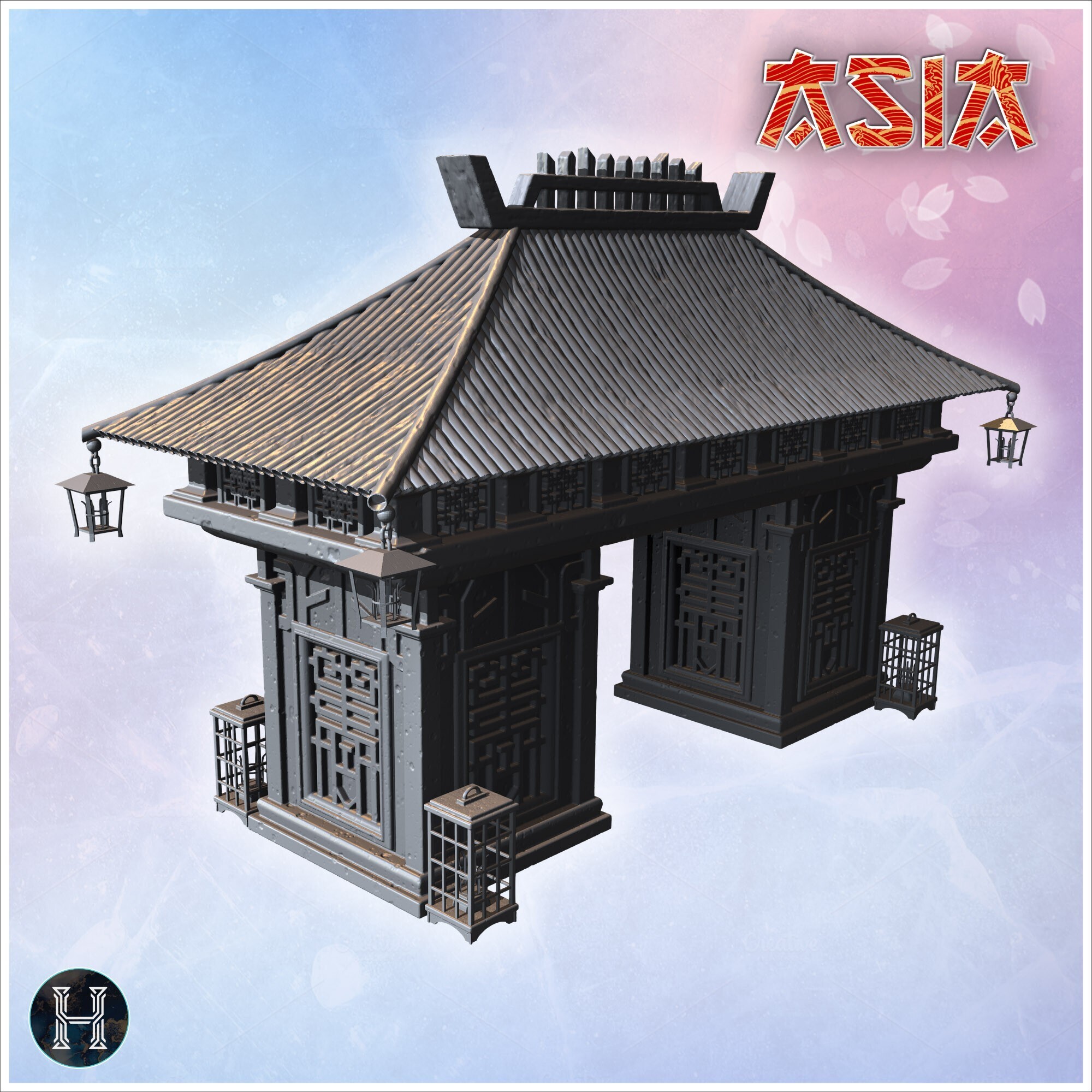 🥷 Ornate Asian gate structure with intricate panel designs, hanging ...