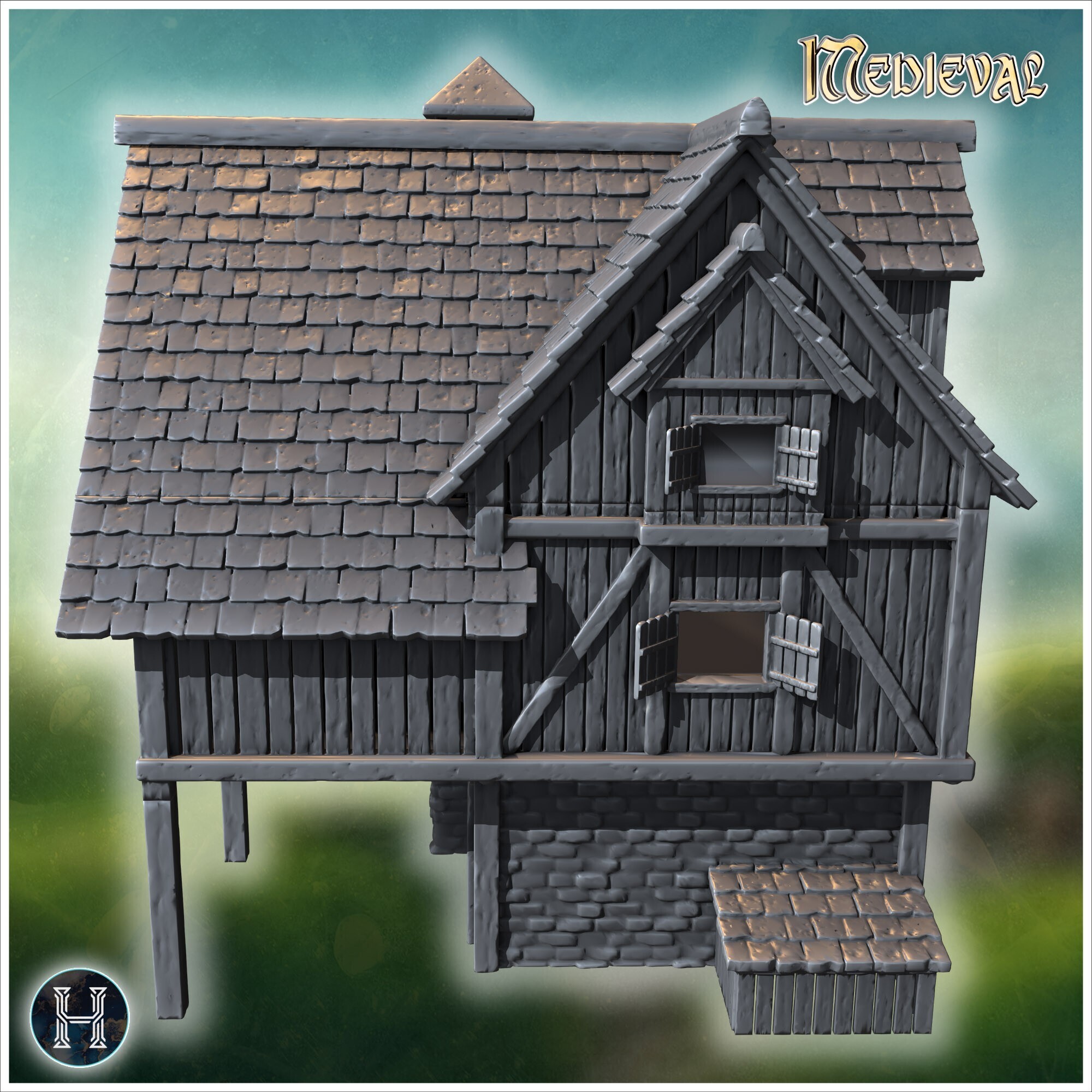 🏠 Timber-framed house with dormer windows, open shutters, and a stone ...