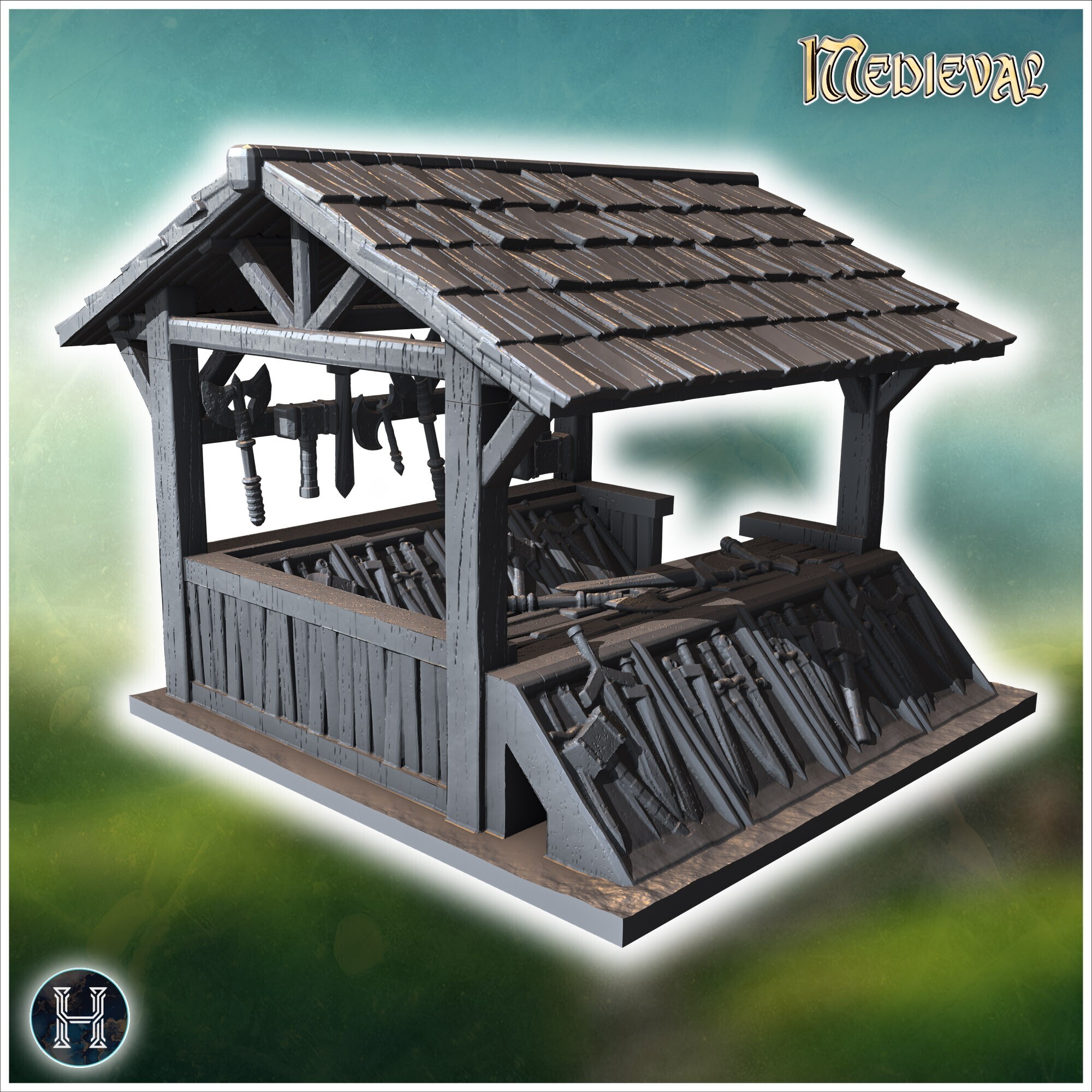 🪵 Open wooden market stall with a slanted roof, display shelves, and ...