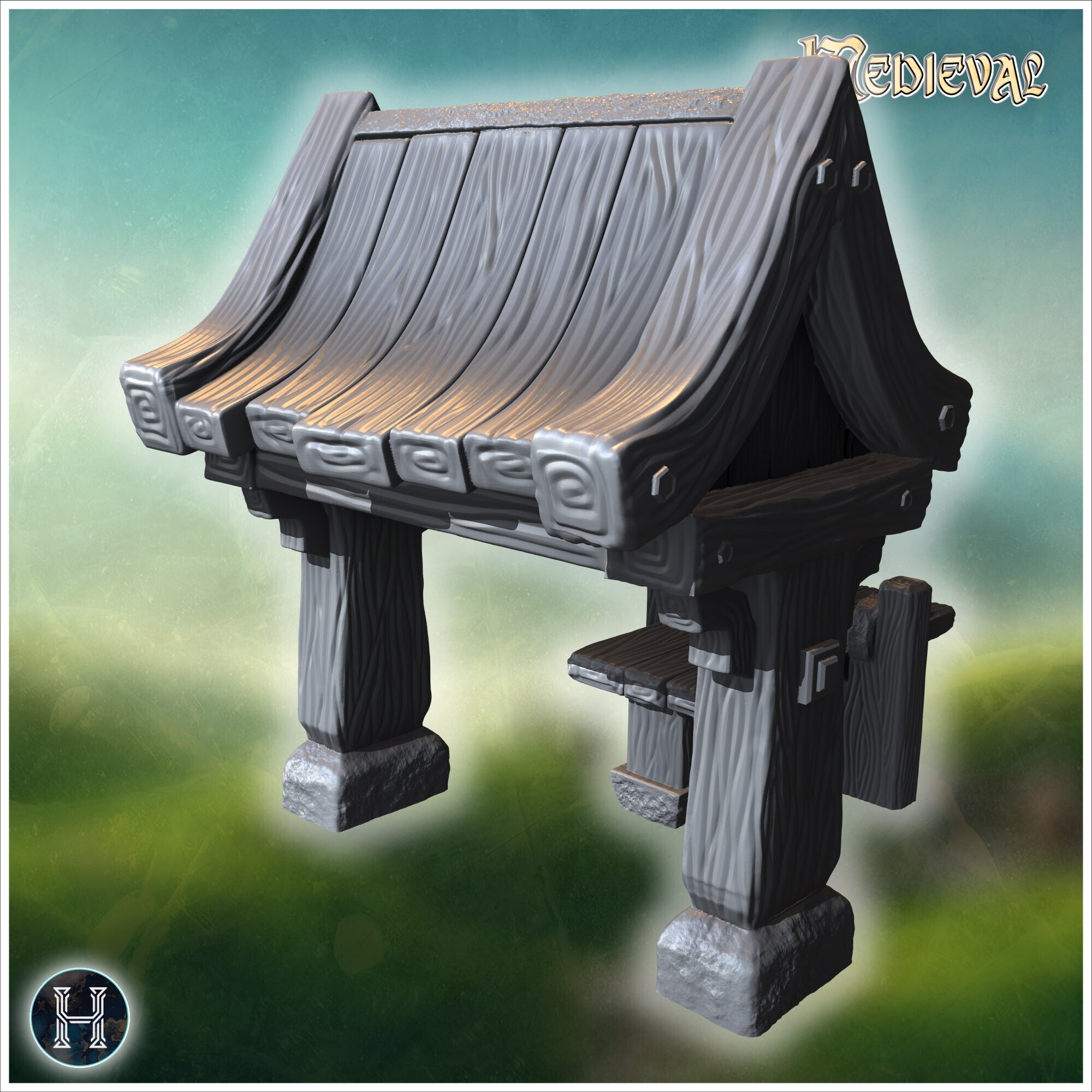 🪚 Medieval carpenter workshop with roofed saw table and wooden frame ...