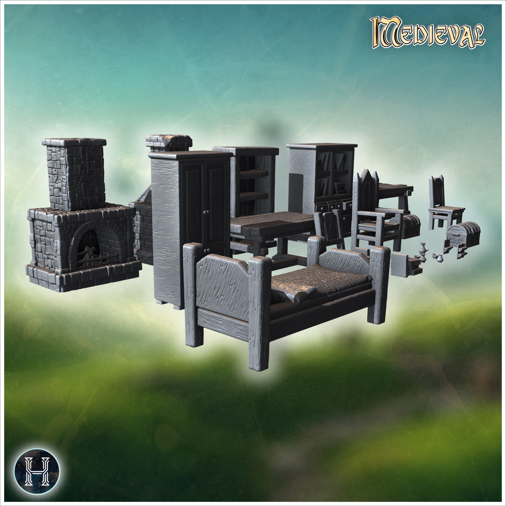 👴 Collection of rustic medieval furniture including beds, bookshelves ...