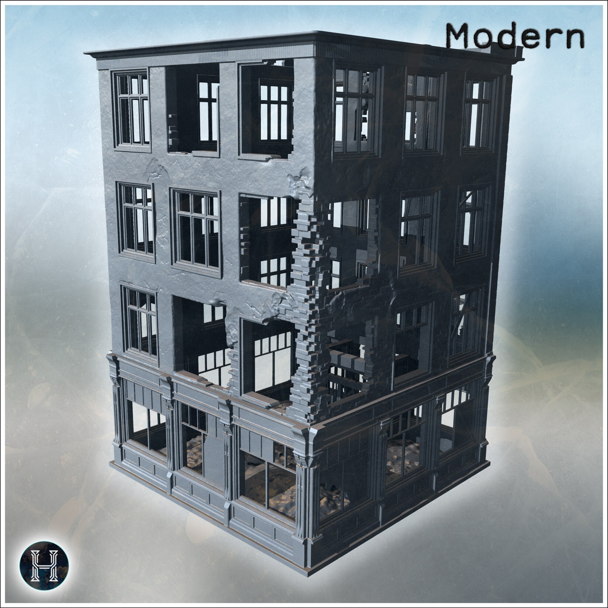🏗️ Four-story building with broken windows, damaged facade, and debris ...