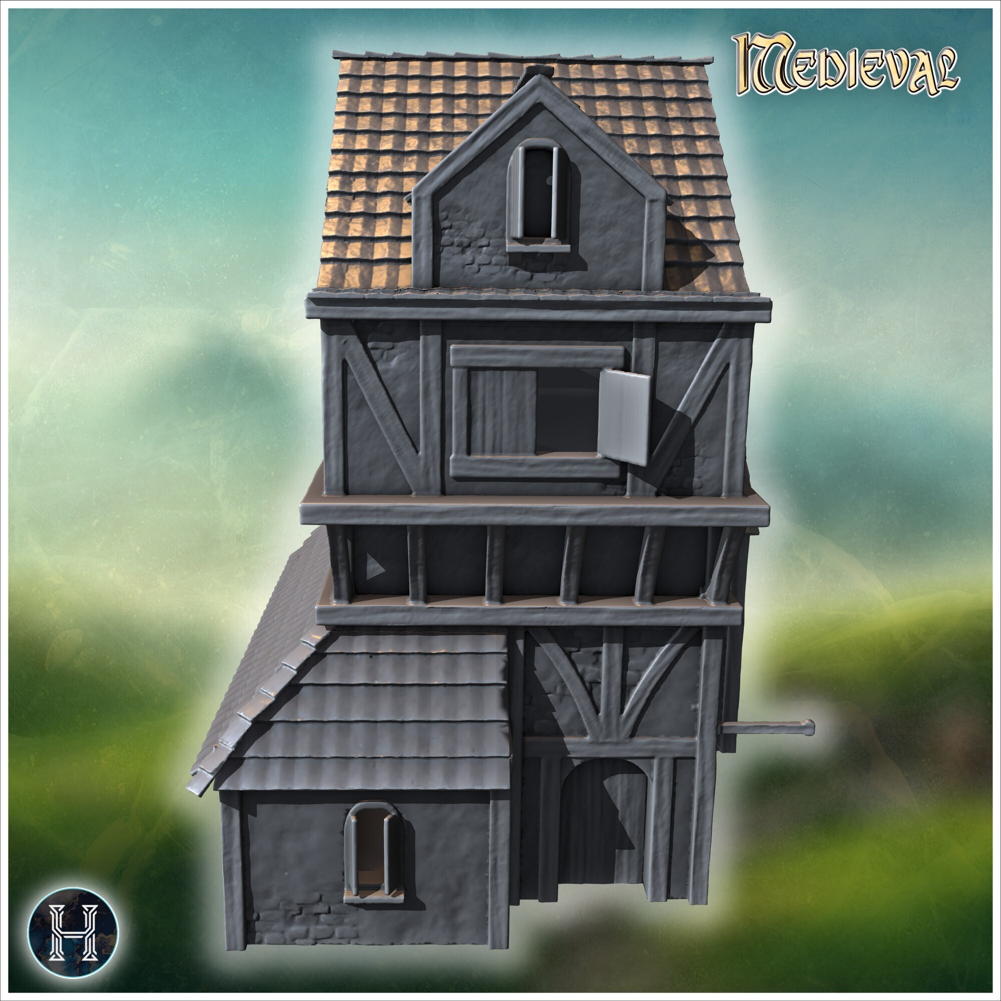 🏠 Tall medieval house with timber framing, overhanging upper floor ...