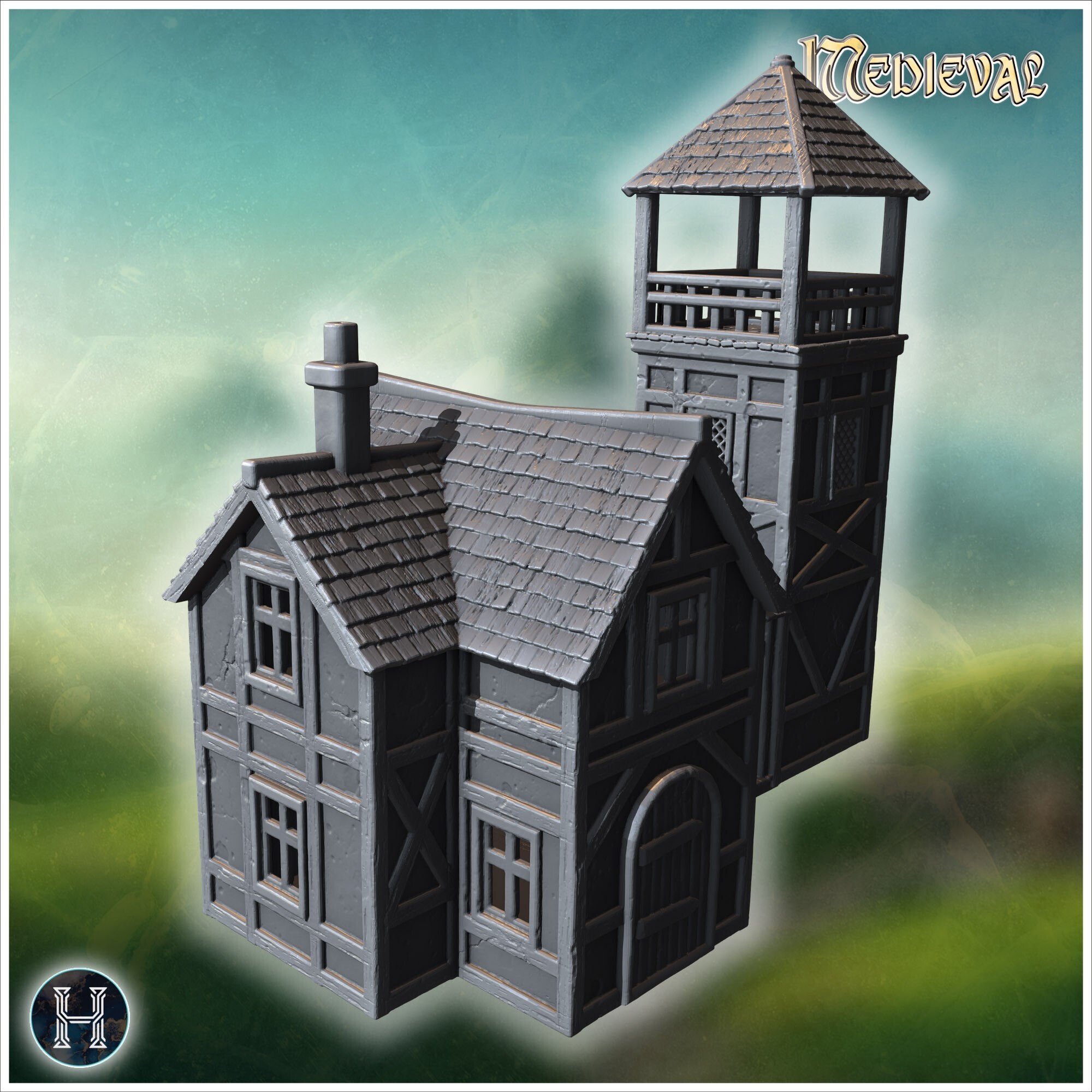 🏠 Medieval house with tall watchtower, half-timbered walls, wooden ...