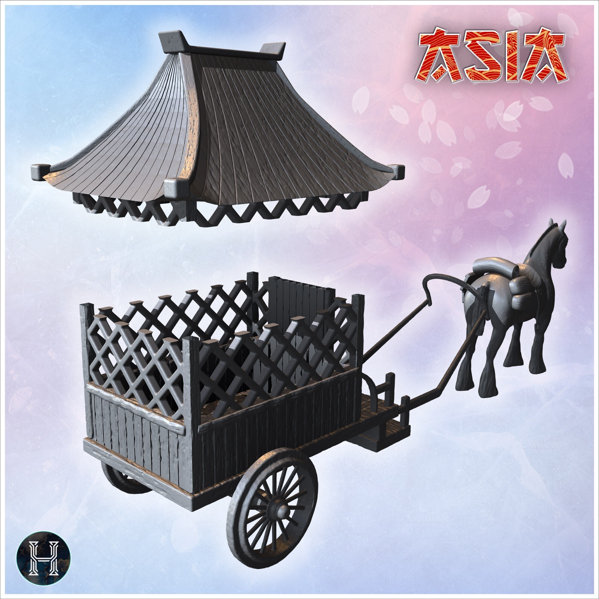 🪵 Asian horse-drawn wooden carriage featuring decorative lattice sides ...