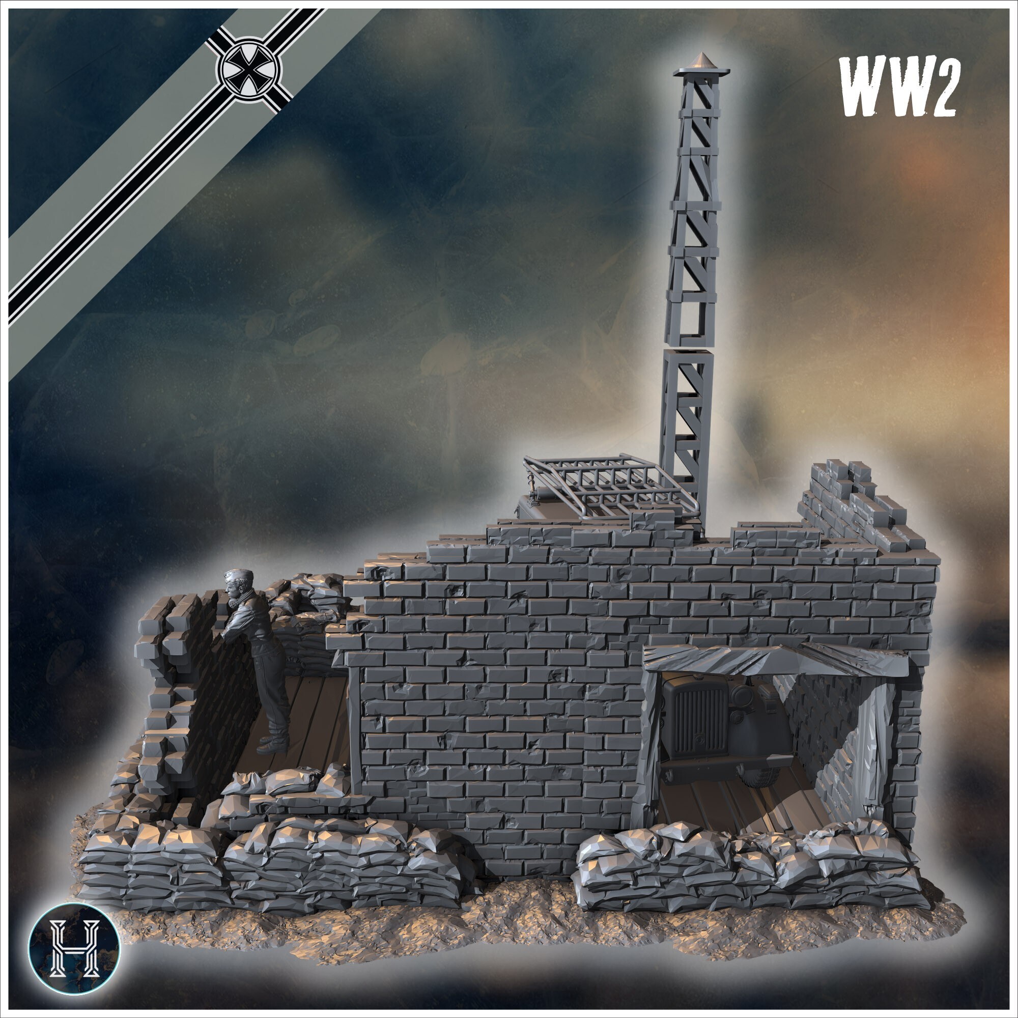 📻 German WW2 field radio command post within sandbagged brick ruin with ...