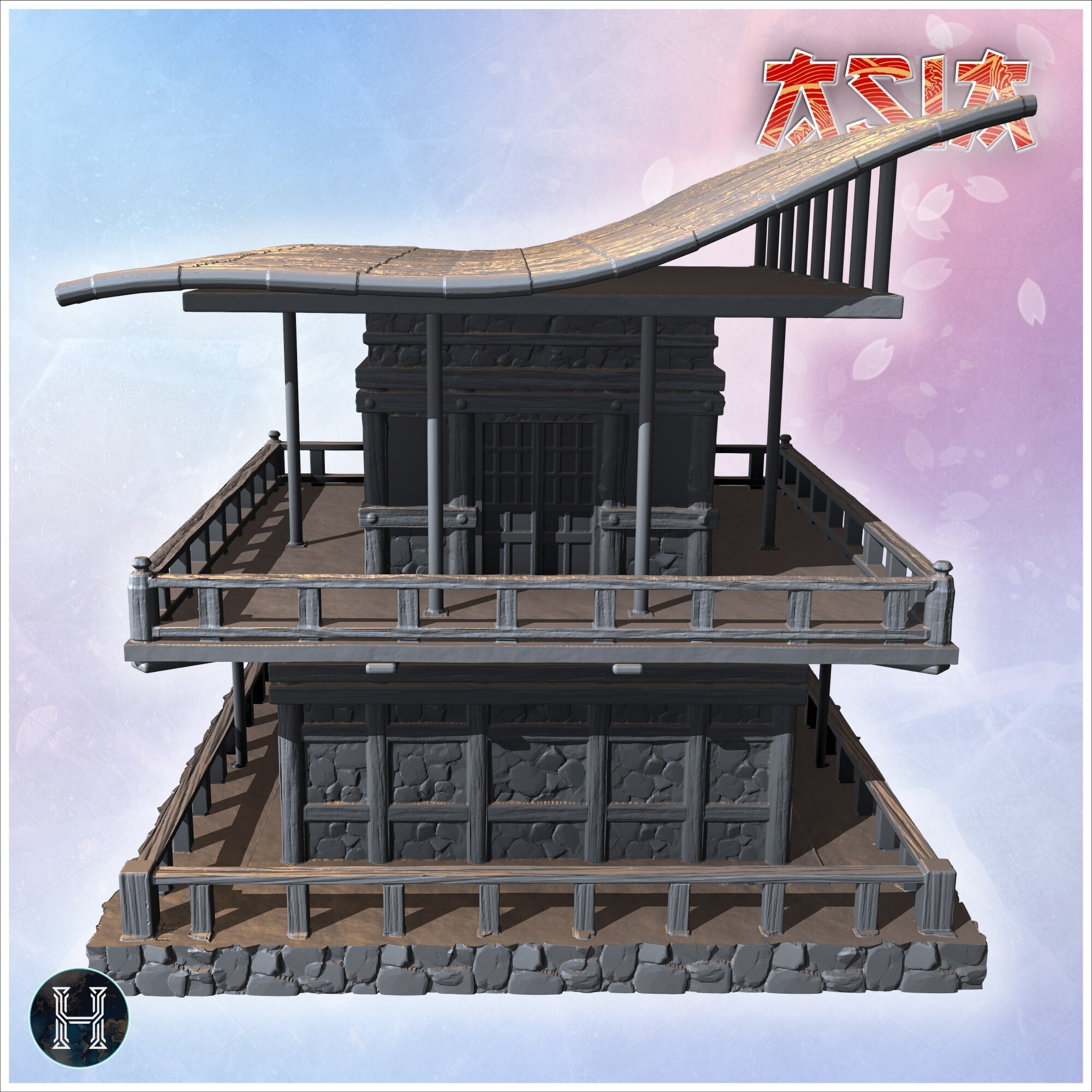 🪵 Two-story Asian-style watchtower with balconies, curved roof, stone ...