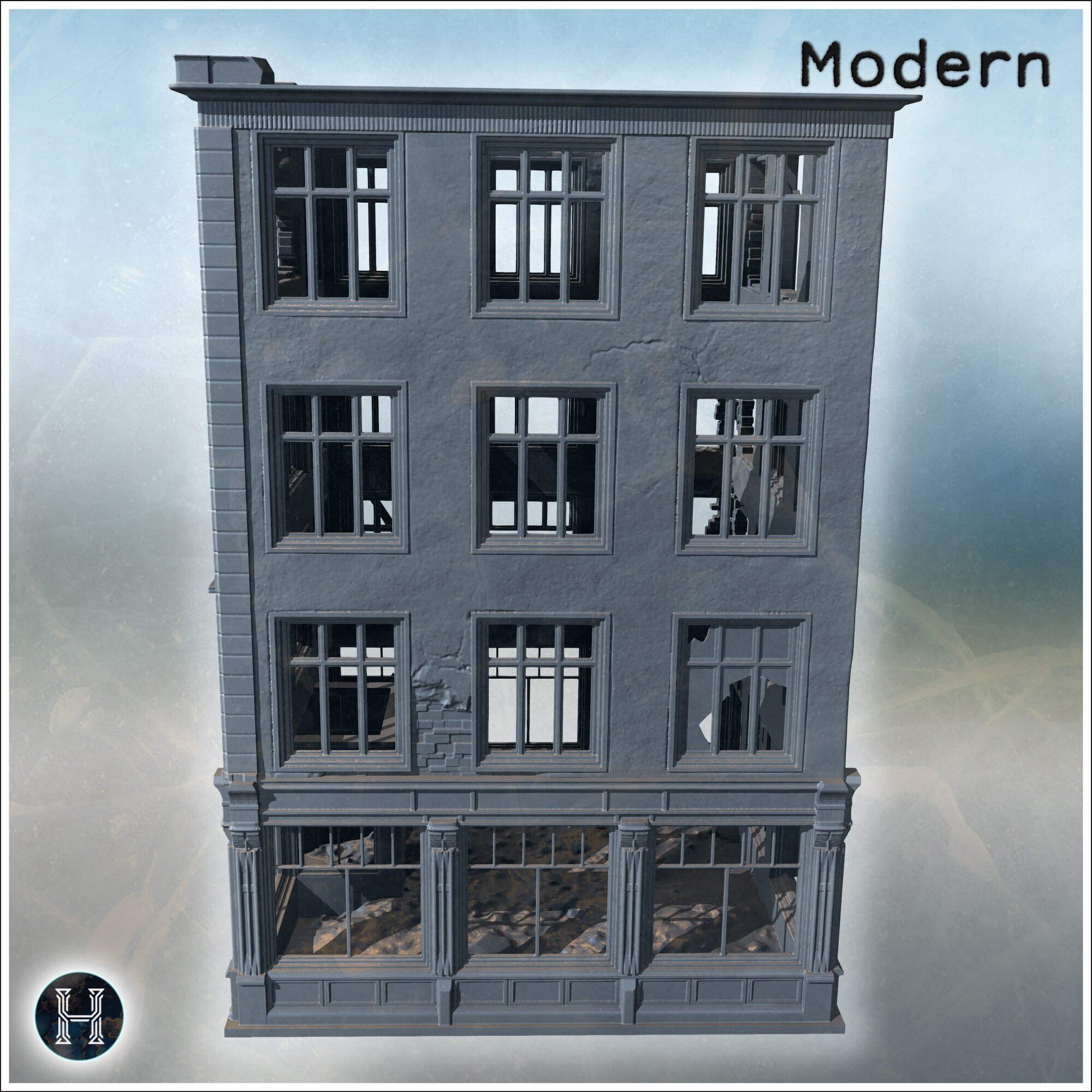 🏗️ Four-story building with broken windows, damaged facade, and debris ...