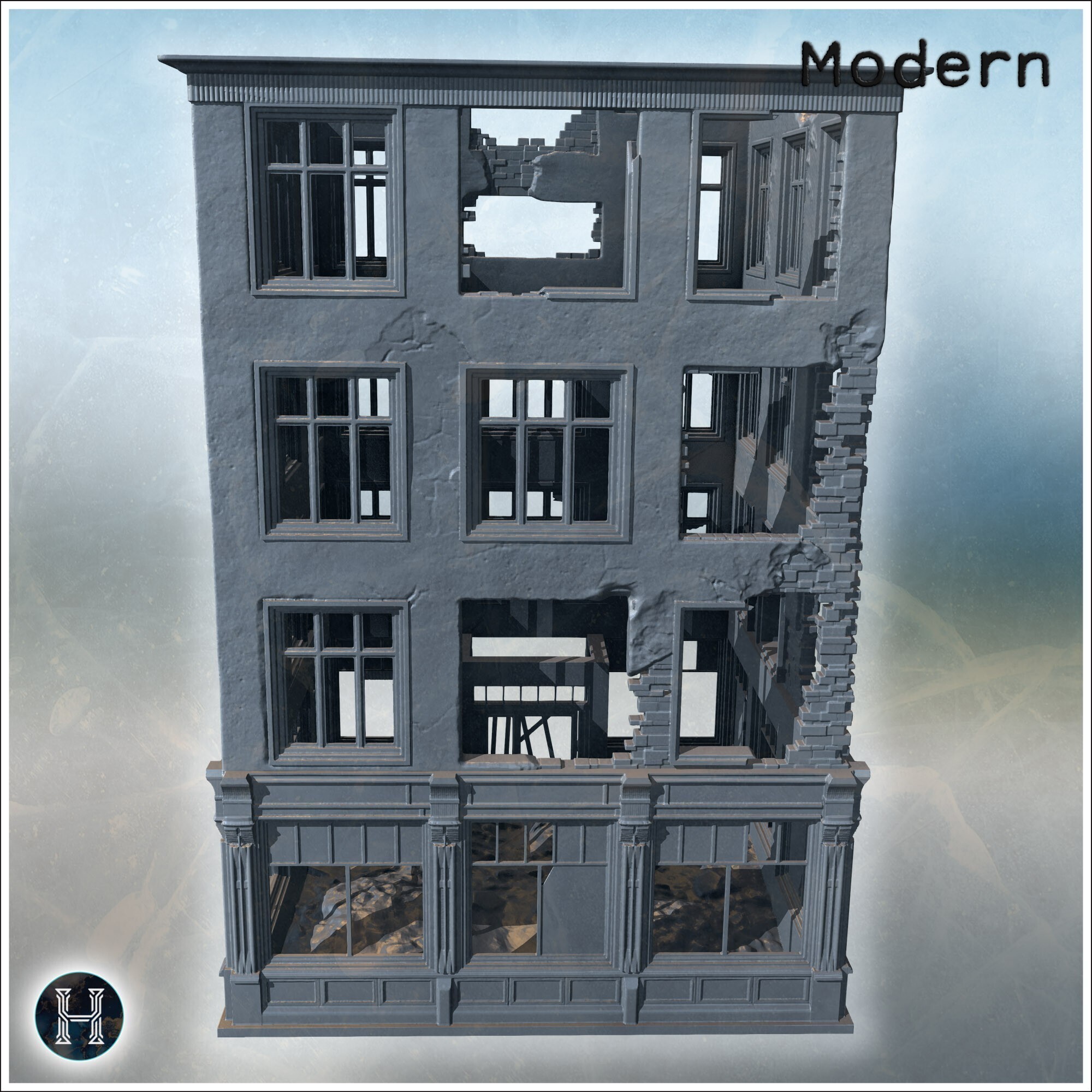 🏗️ Four-story building with broken windows, damaged facade, and debris ...