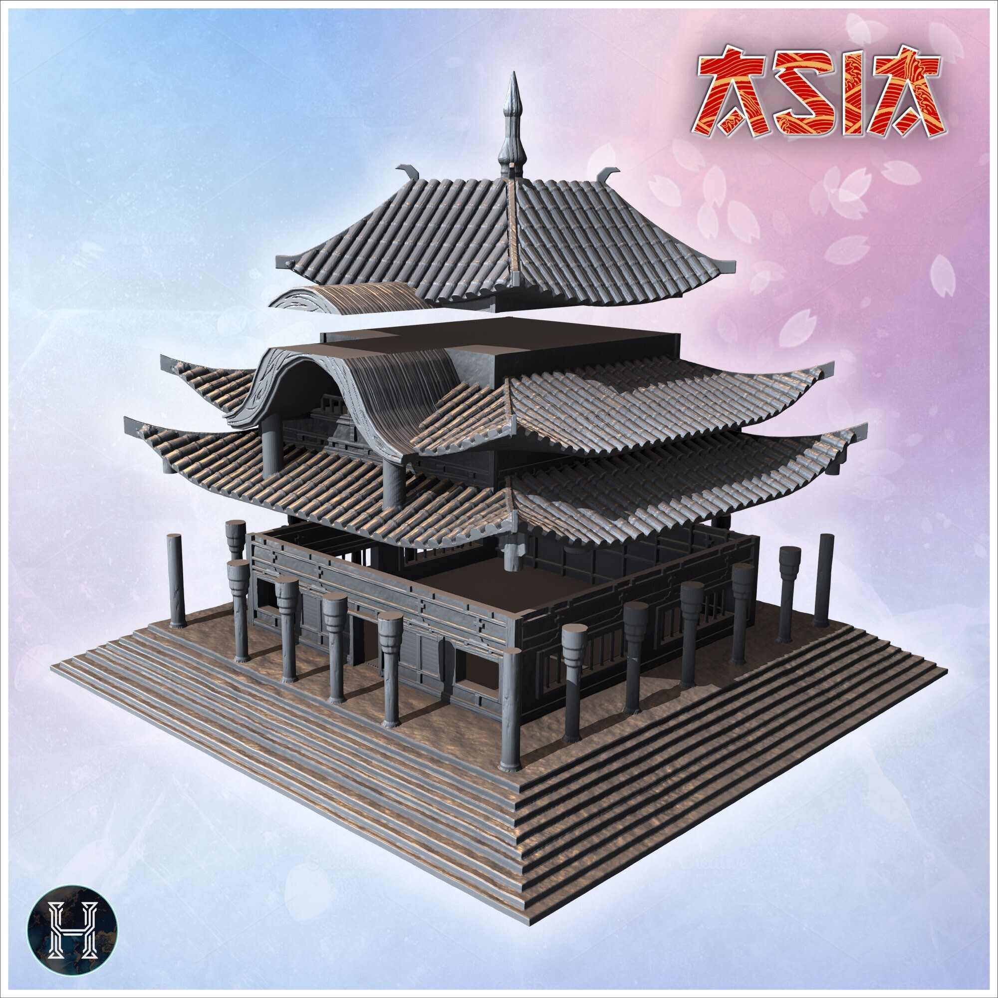 🕍 Large Asian temple with multiple curved roofs, decorative columns ...