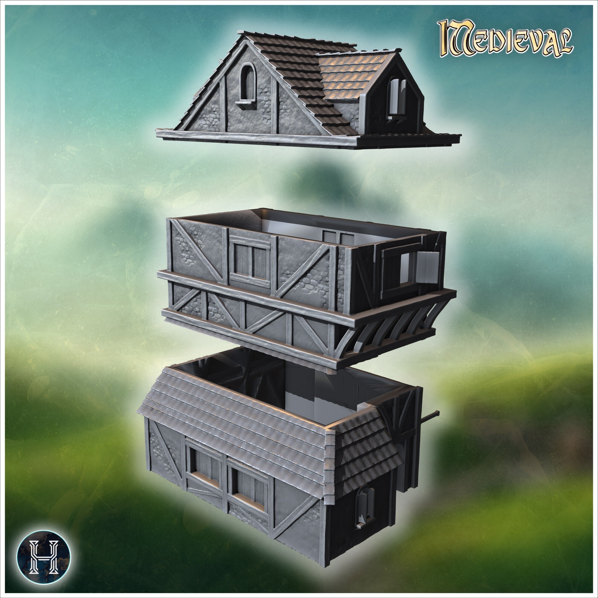 🏠 Tall medieval house with timber framing, overhanging upper floor ...