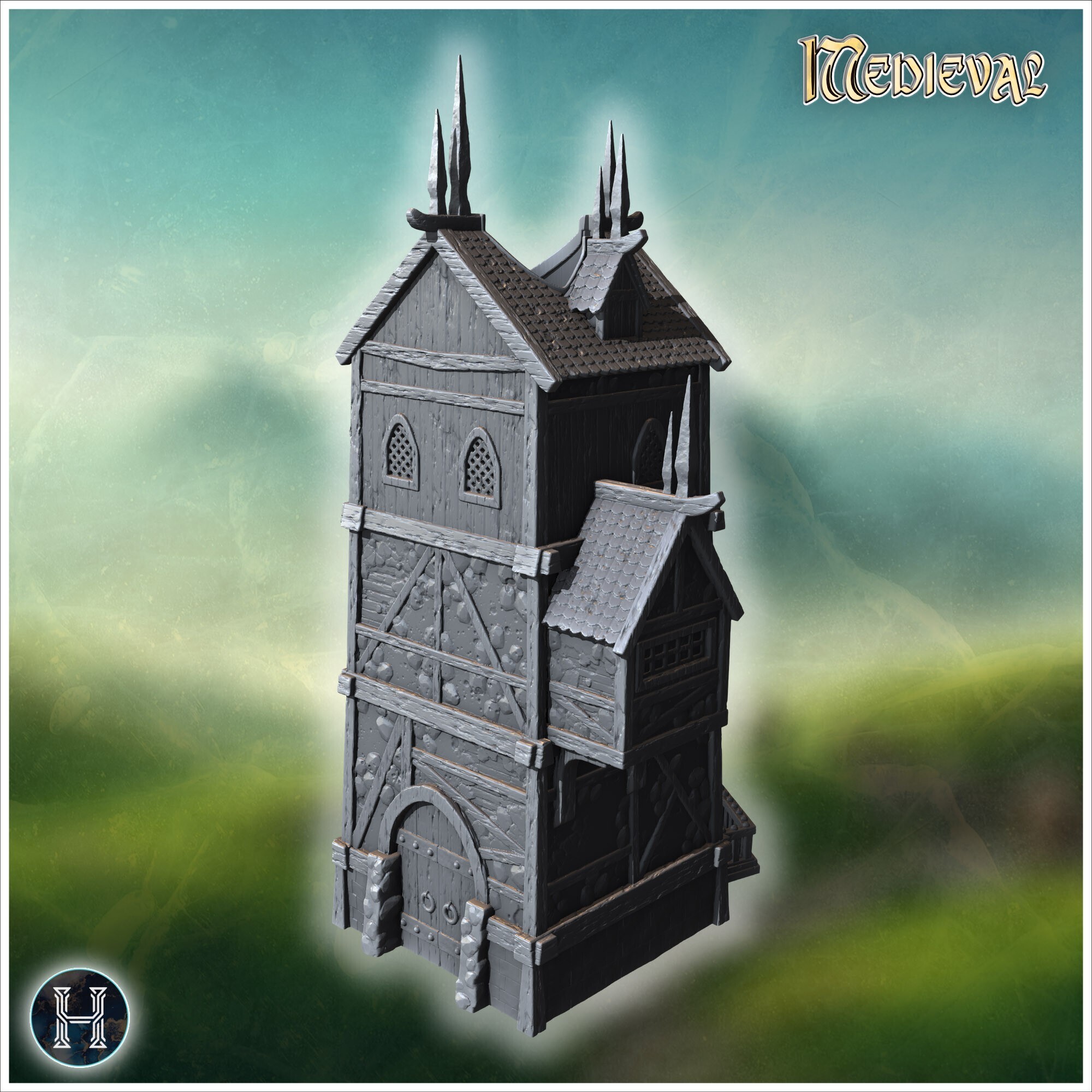 🪵 Timber-framed watchtower with reinforced base, wooden balconies, and ...