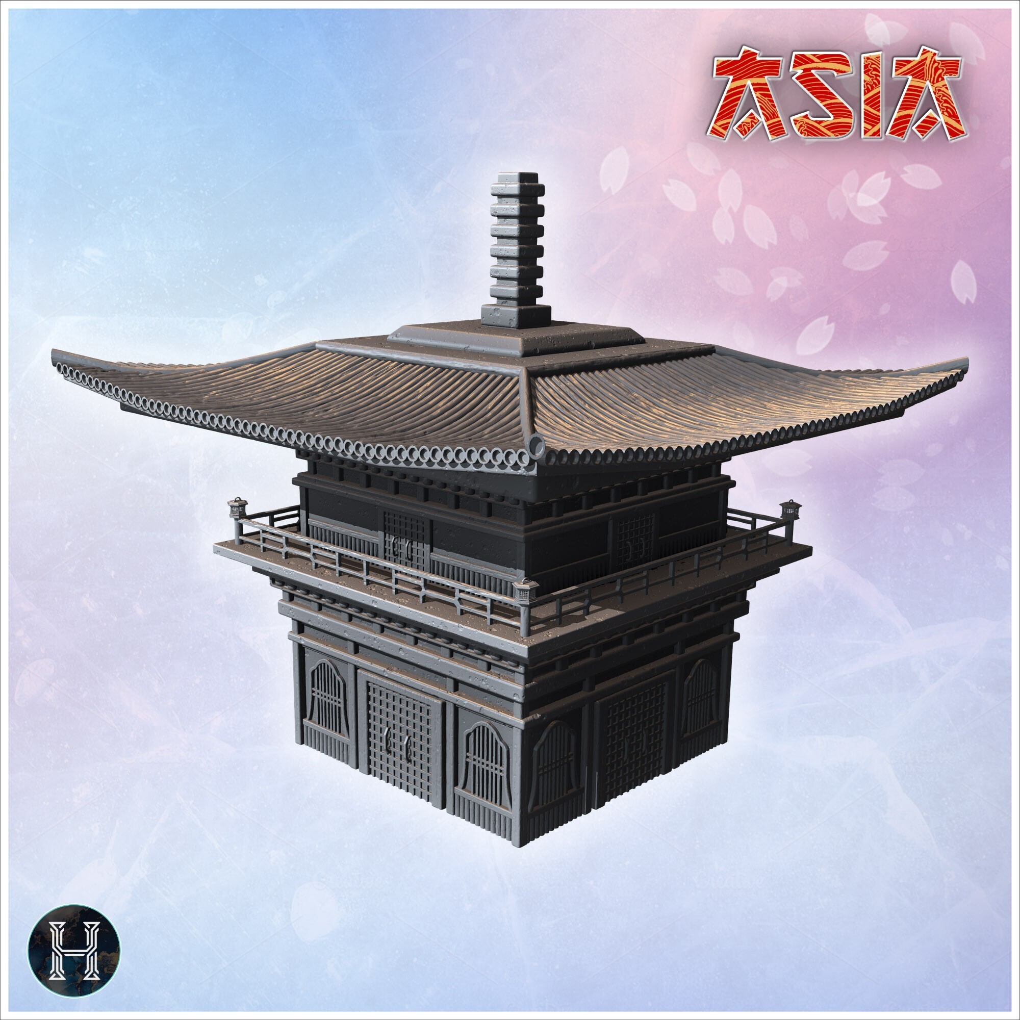 🥷 Large Asian pagoda with wide balcony, elaborate roof structure ...