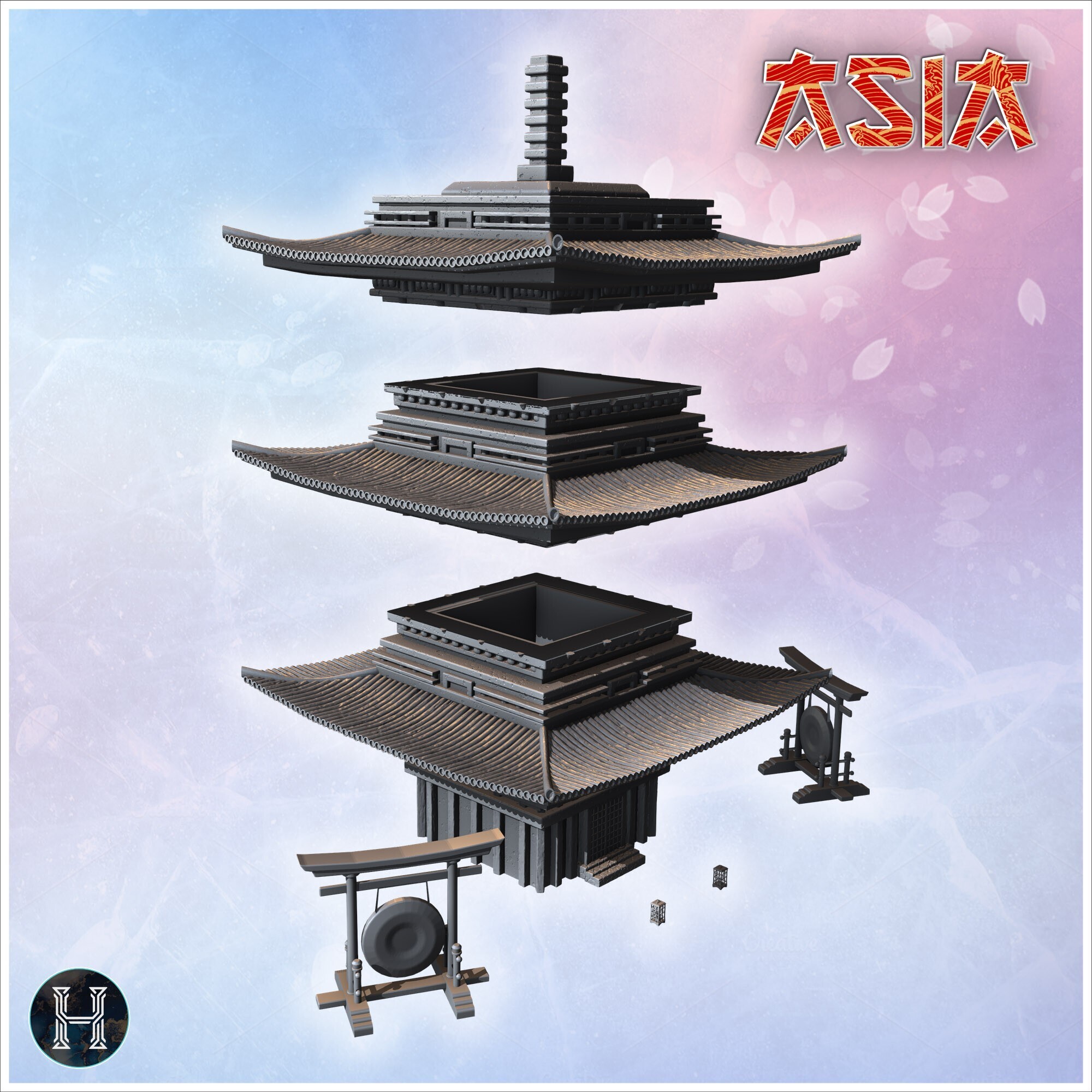 🪵 Multi-tiered Asian pagoda structure, curved roofs, central spire ...