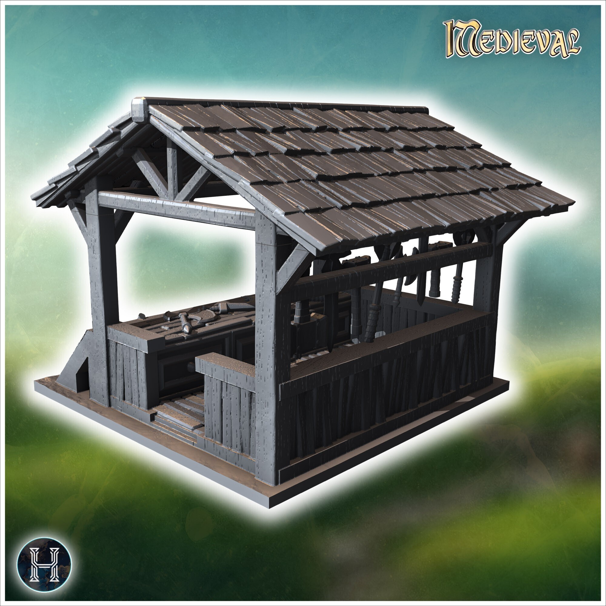 🪵 Open wooden market stall with a slanted roof, display shelves, and ...