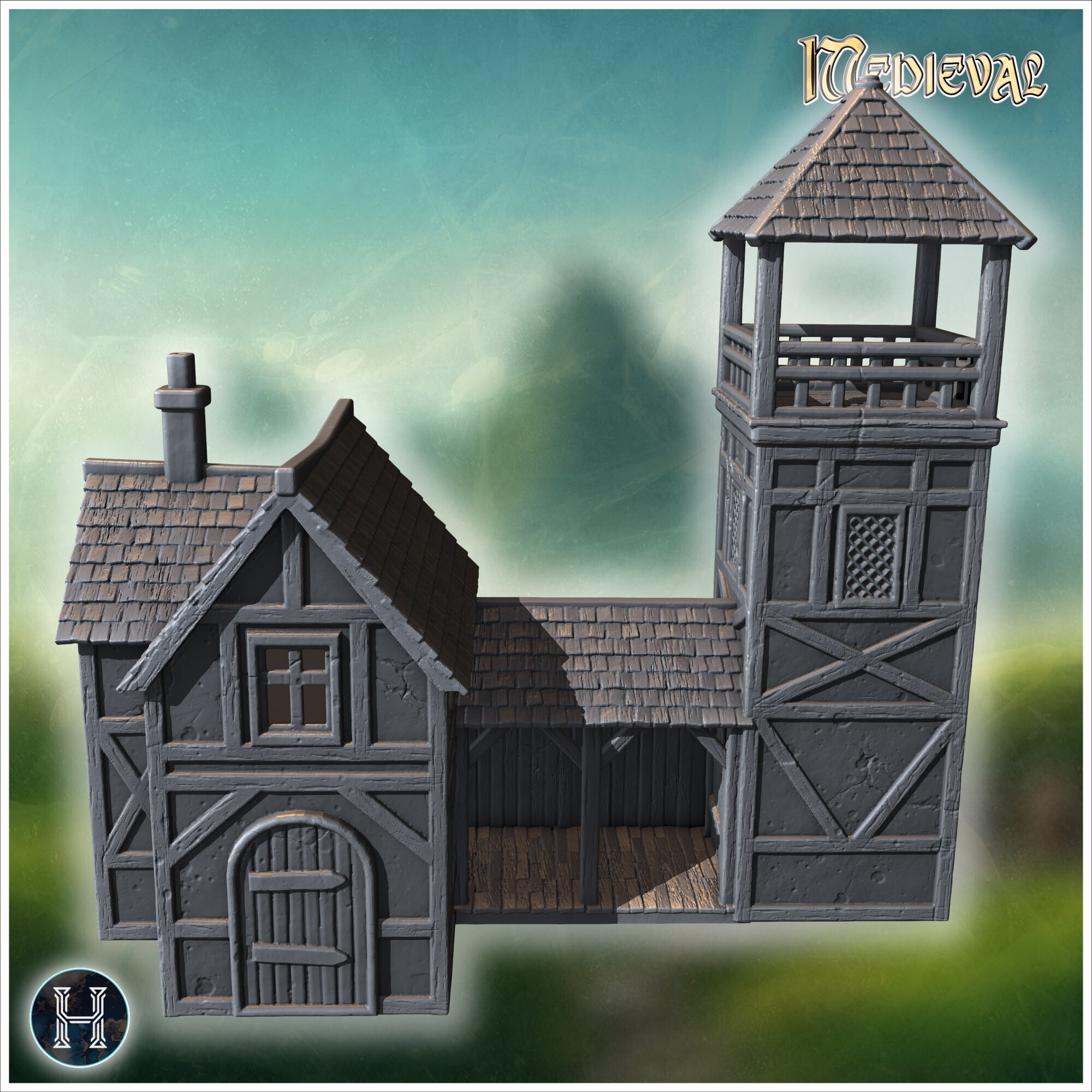 🏠 Medieval house with tall watchtower, half-timbered walls, wooden ...