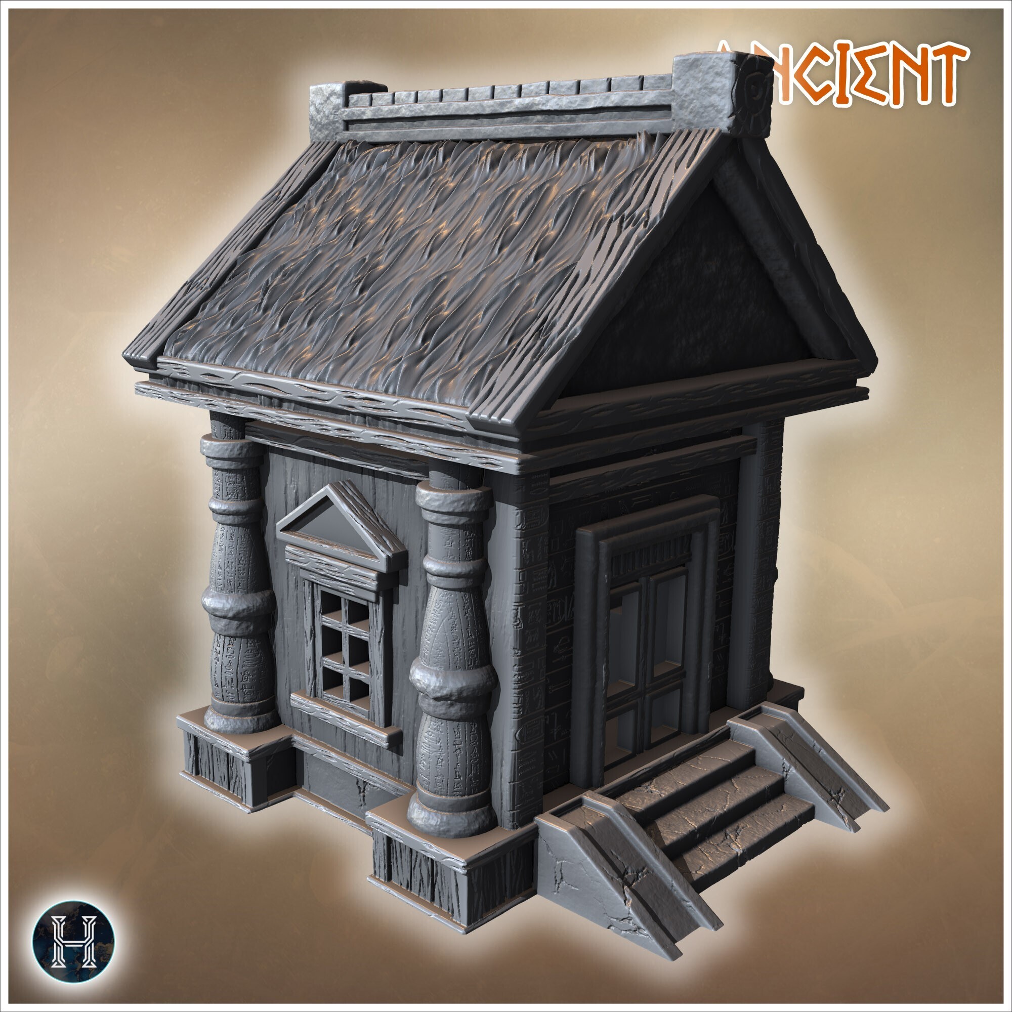 🤏 Small temple with carved wooden pillars, thatched roof, and ...