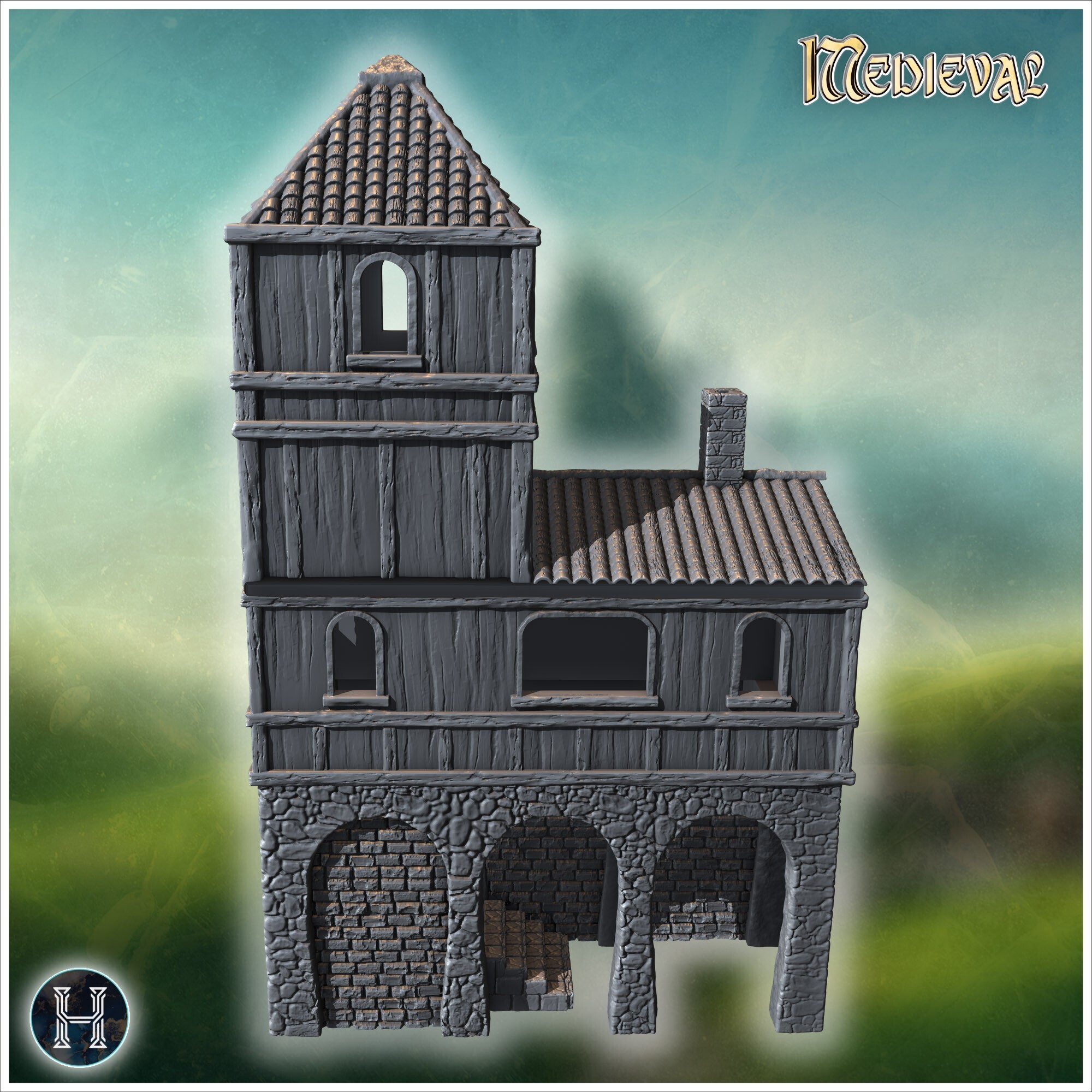 🏠 Large half-timbered house with a stone base, tiled roof, and open ...