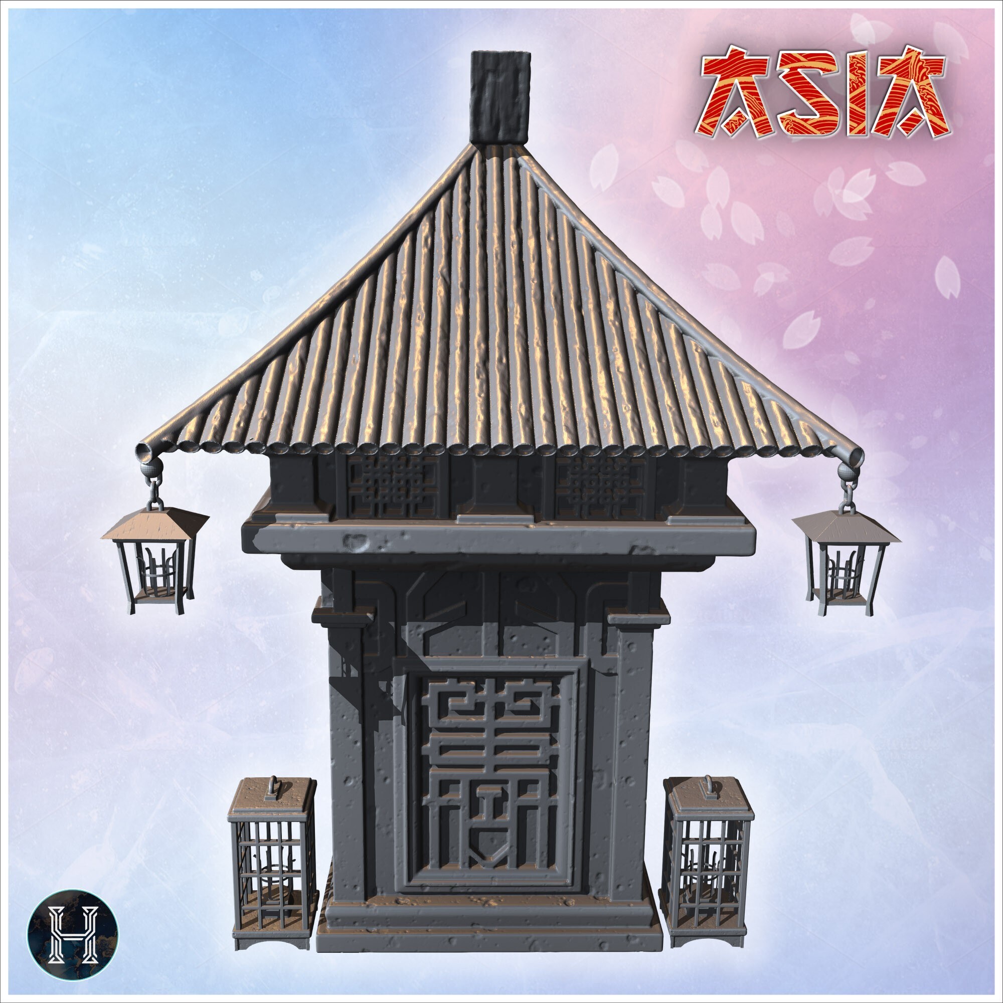 🥷 Ornate Asian gate structure with intricate panel designs, hanging ...