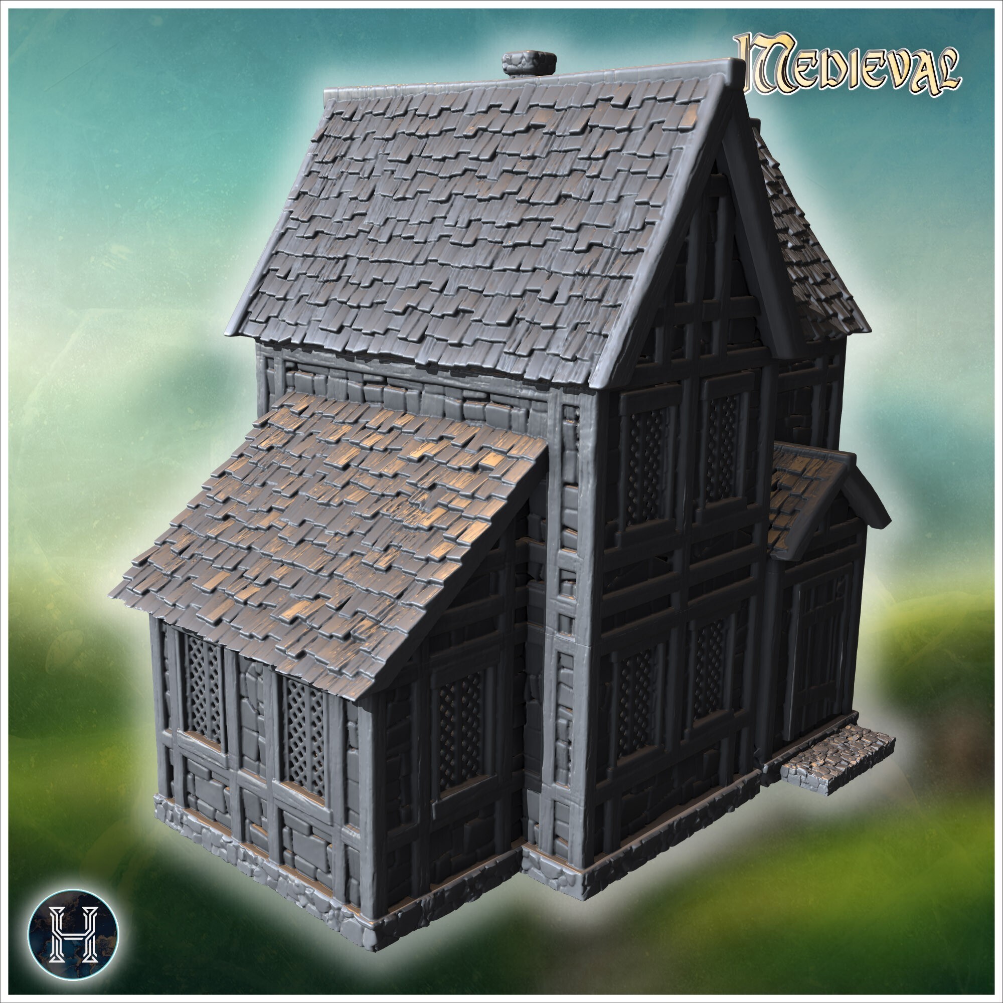 👴 Tall medieval home with high-pitched roof, latticed windows, stone ...