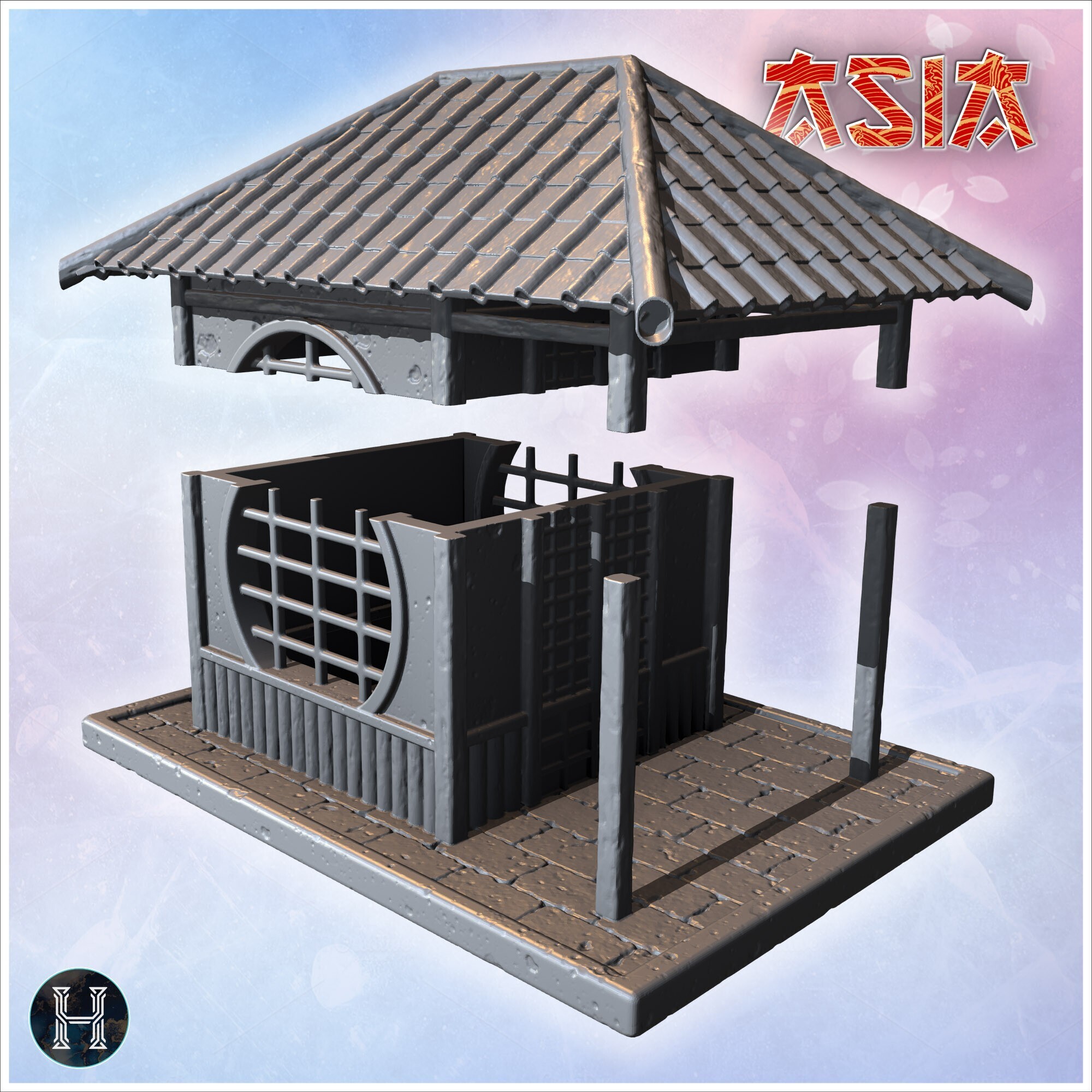 🤏 Small Asian-style pavilion with tiled roof, round window, sliding ...
