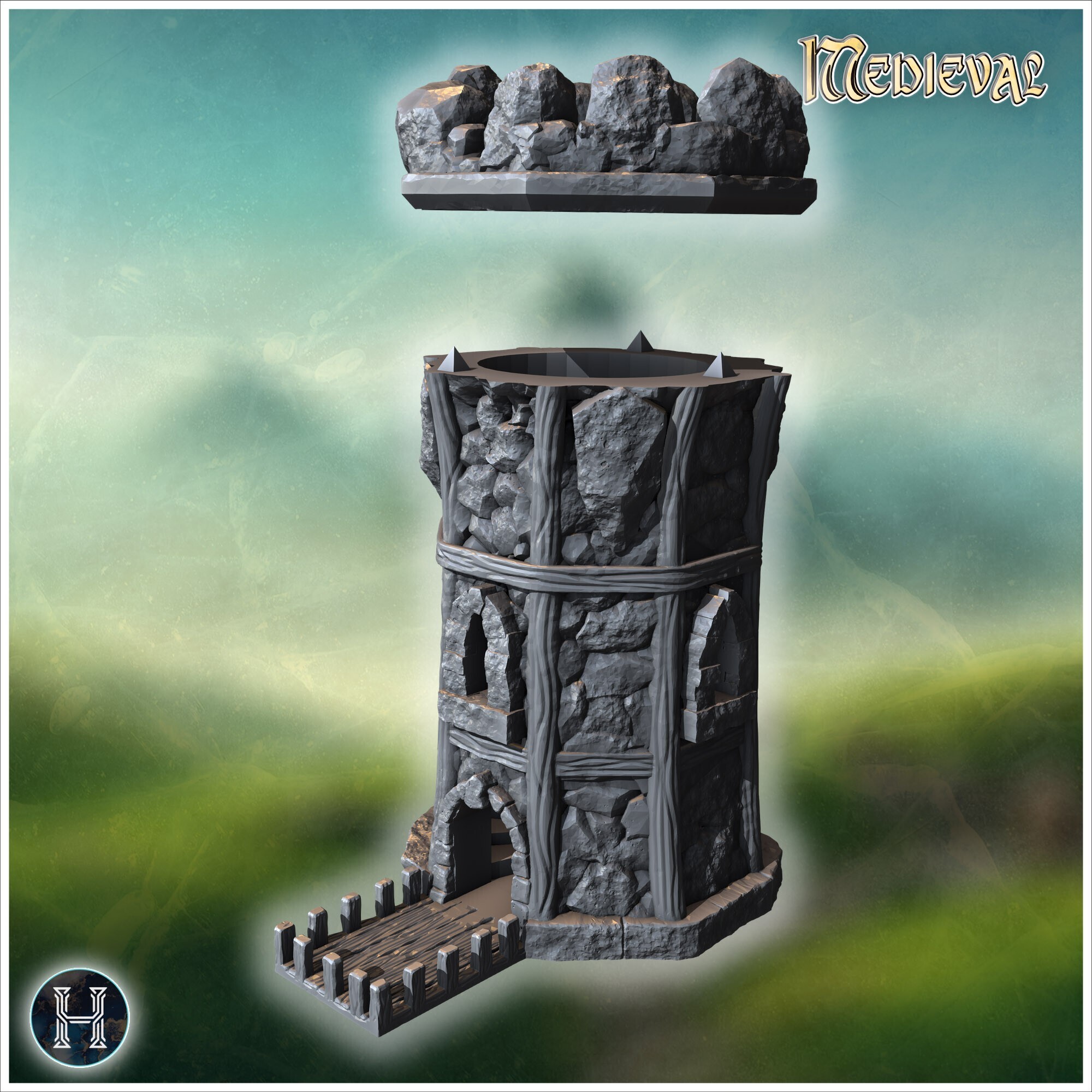 🪵 Rock-reinforced defensive tower with wooden supports, arched openings ...