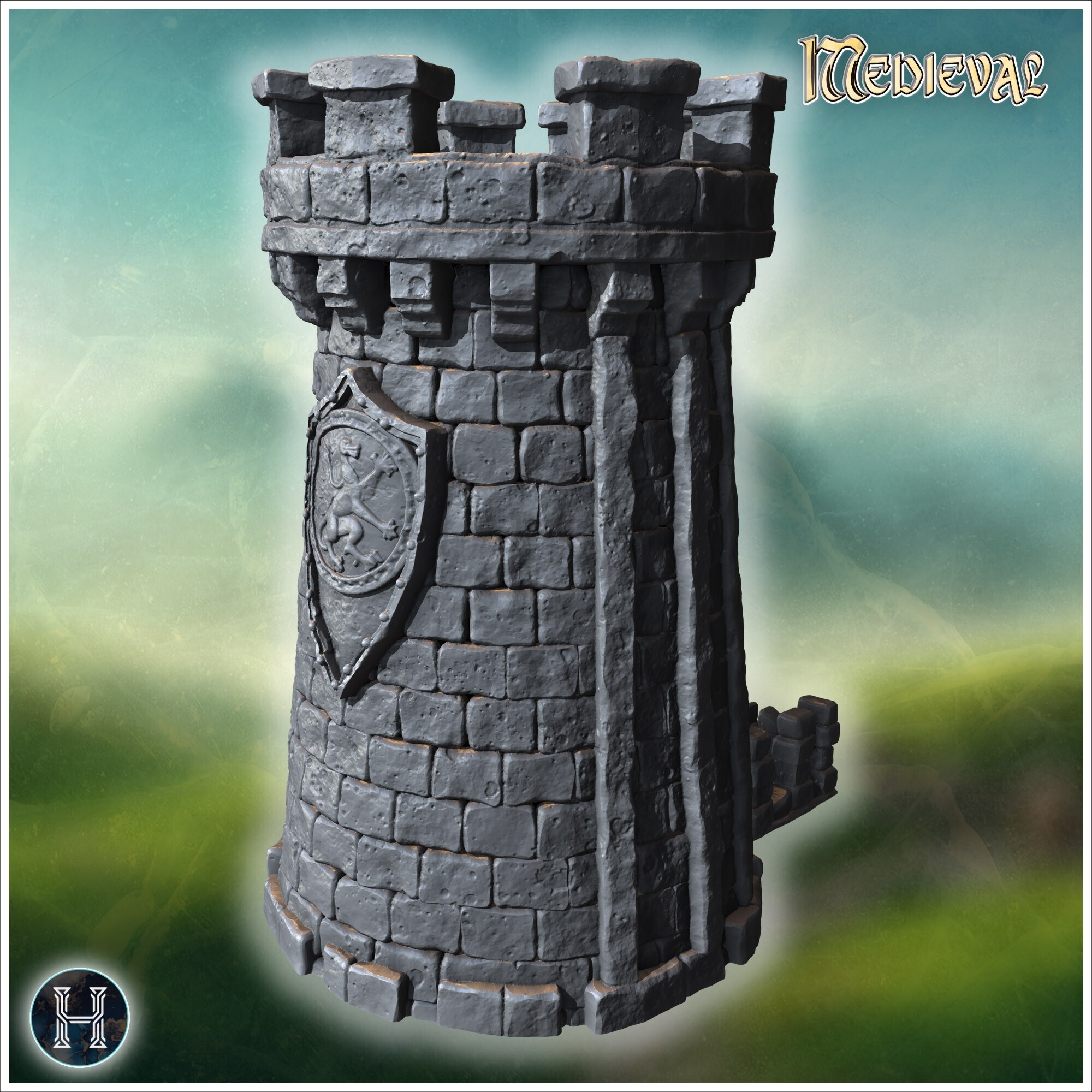 🛡️ Medieval round tower with crenelated walls, arched entrance, and ...