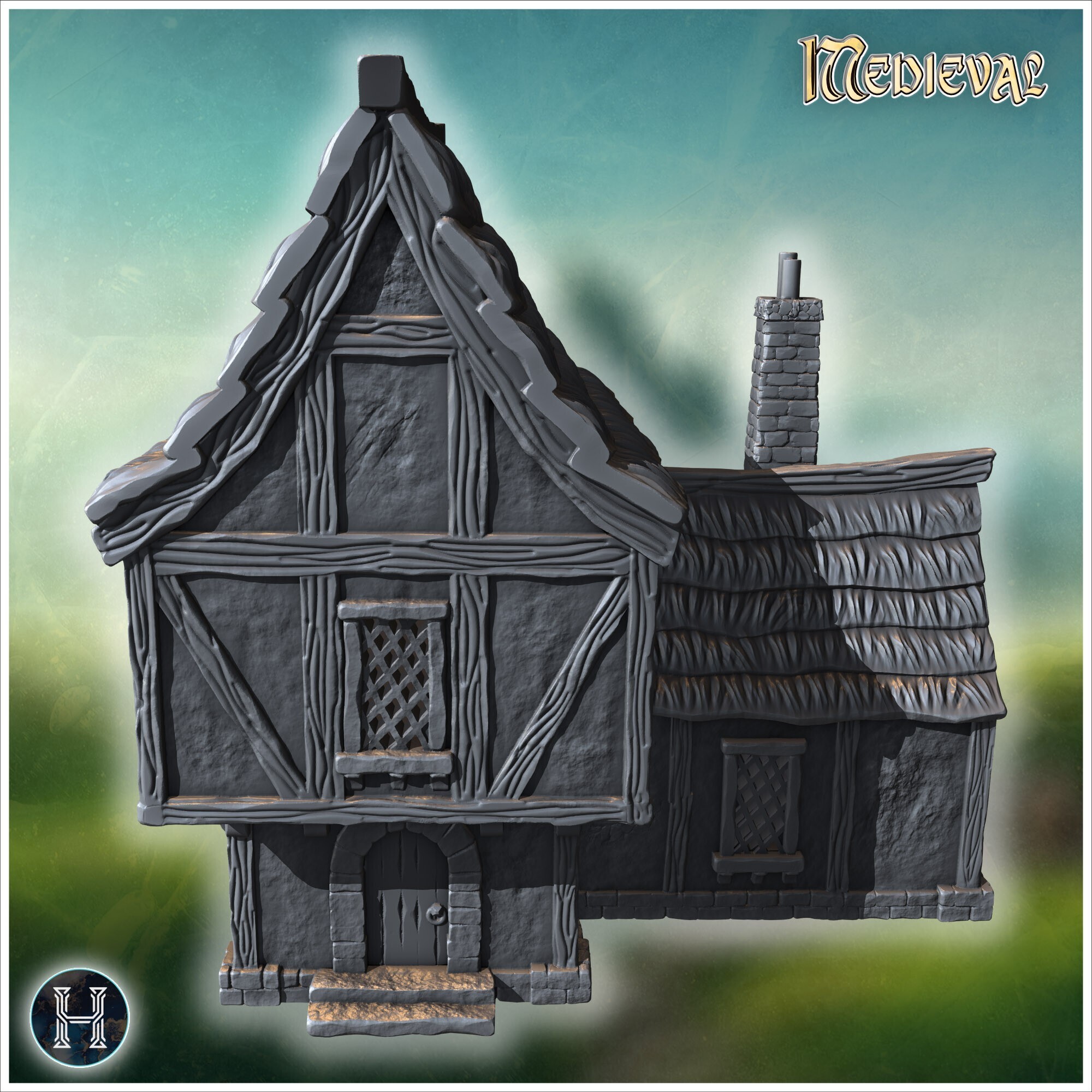 🏠 Half-timbered medieval house with thatched roof, stone chimney ...